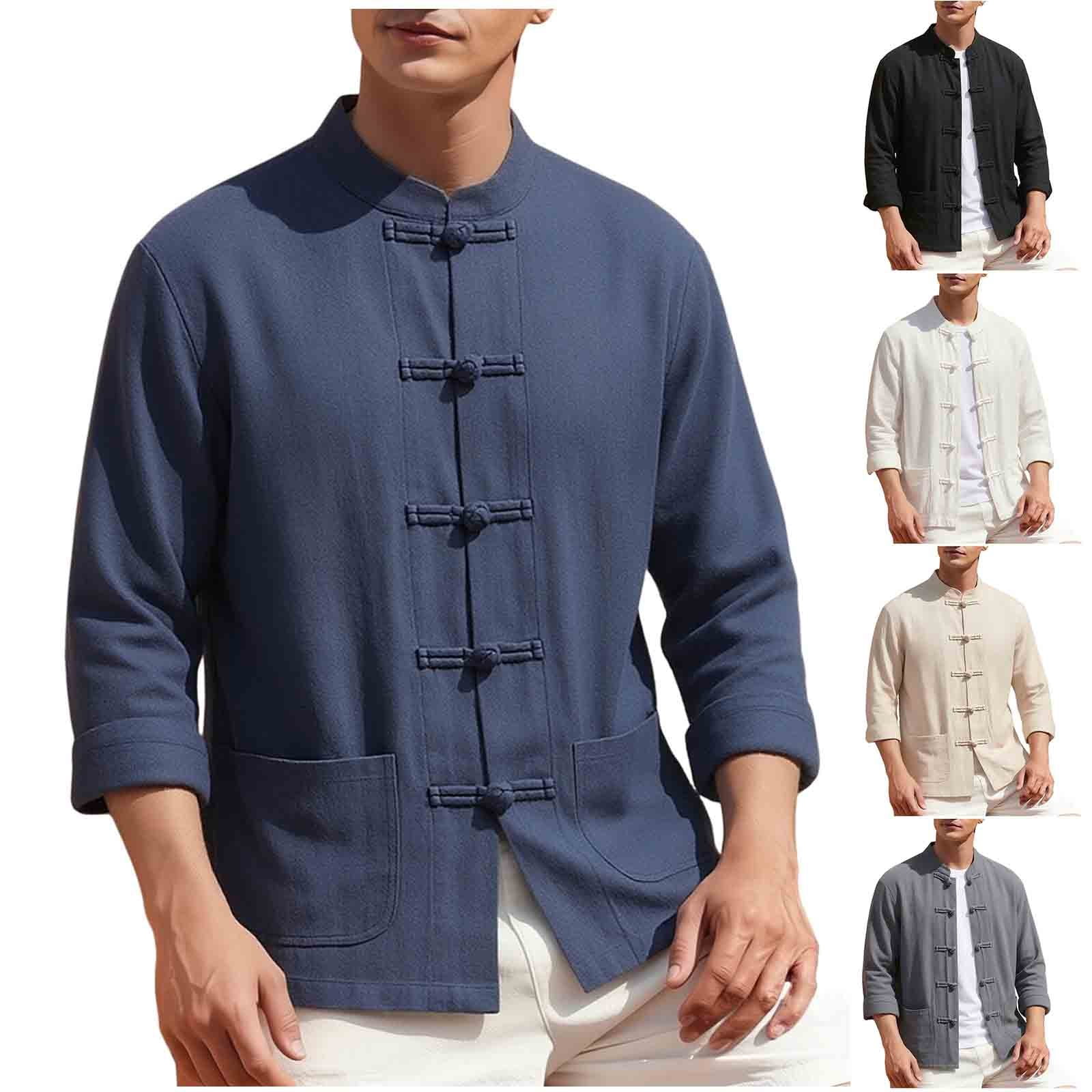 Antinious Men Solid Fashion Leisure Button Pockets Collared Long Sleeve ...