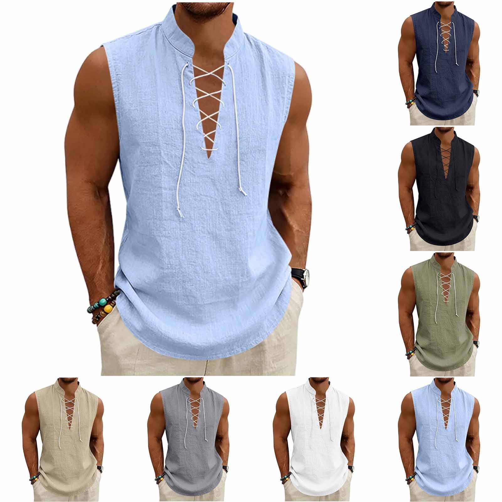 Antinious Men Solid Half Drawstring Collared Sleeveless Beach Vacation ...