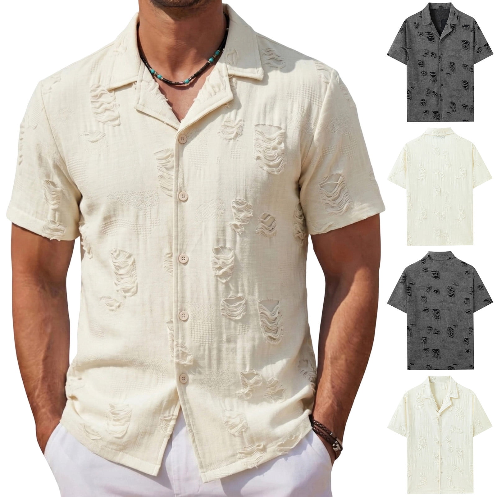 Antinious Men Solid Hole Texture Button Collar Short Sleeve Vintage ...