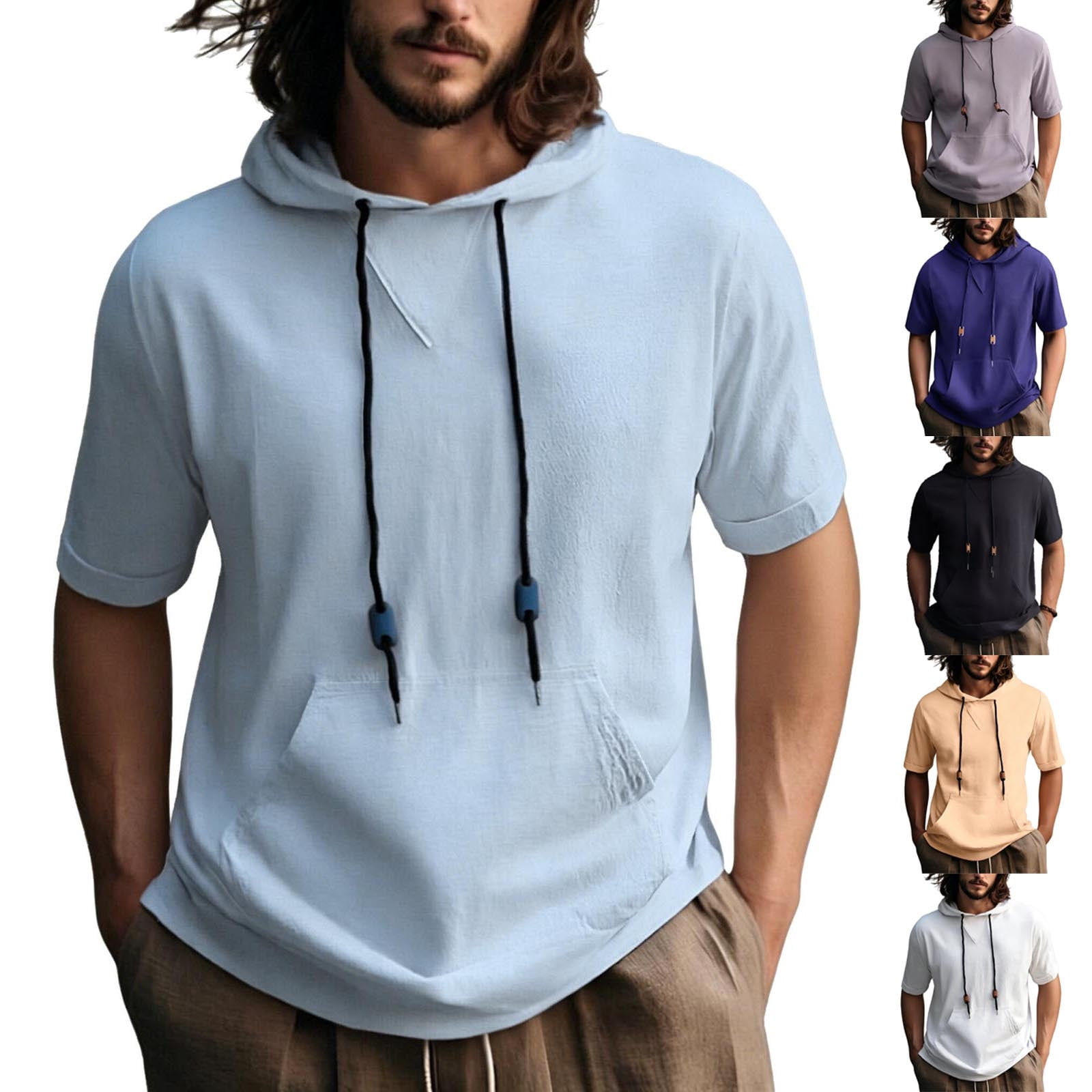 Antinious Men Solid Hooded Pocket Short Sleeve Casual Loose T-Shirts ...