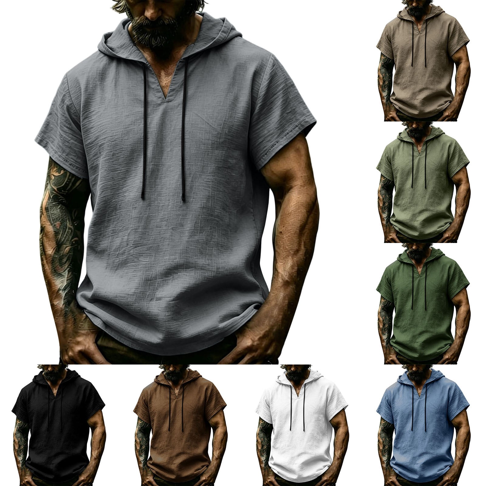Antinious Men Solid Hooded V-Neck Short Sleeve Loose Trendy Casual ...