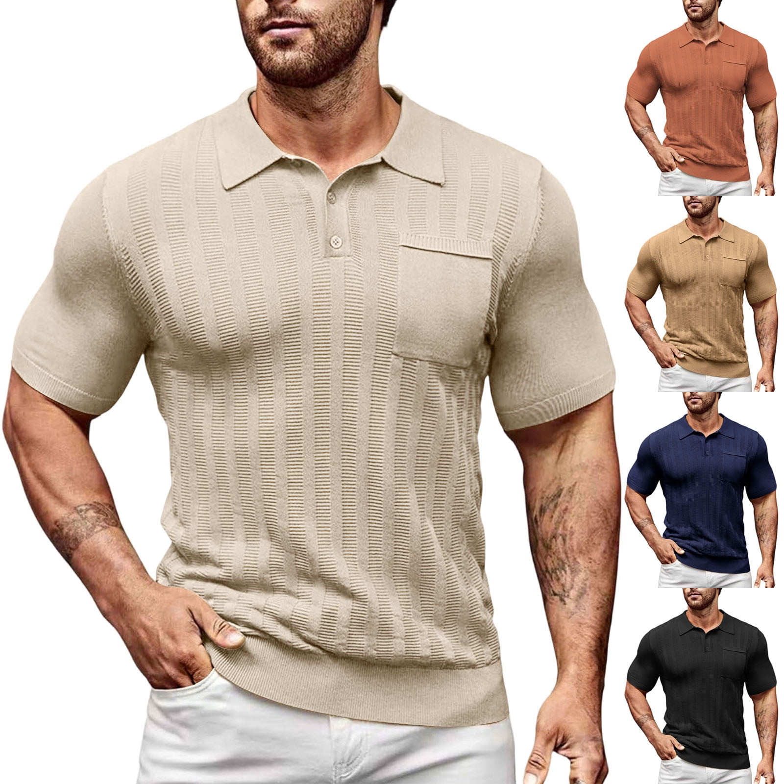 Antinious Men Solid Knit Pockets Round Neck Pullover Short Sleeve Loose ...