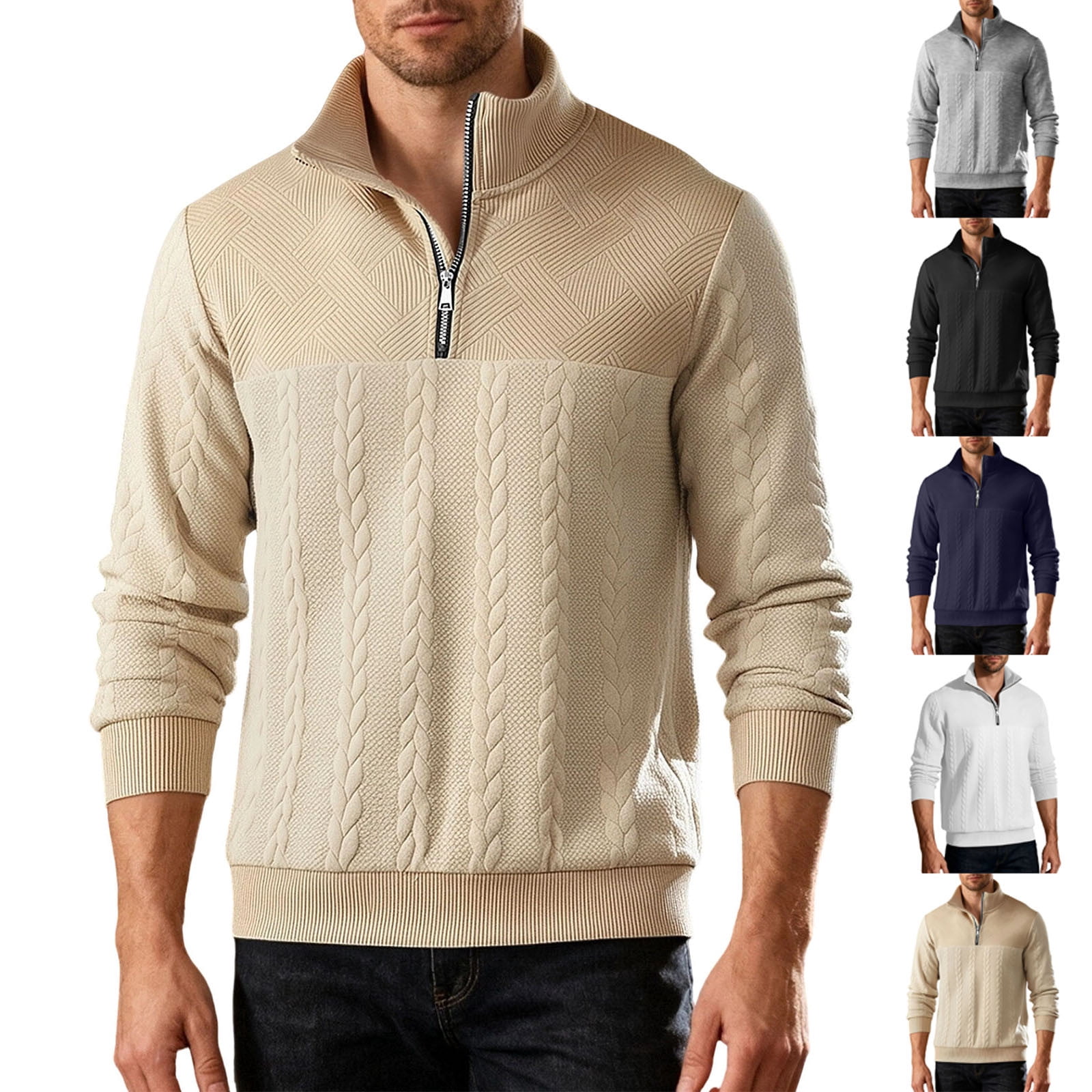 Antinious Men Solid Knit Texture Patchwork Zip Cuff Elastic Collared ...