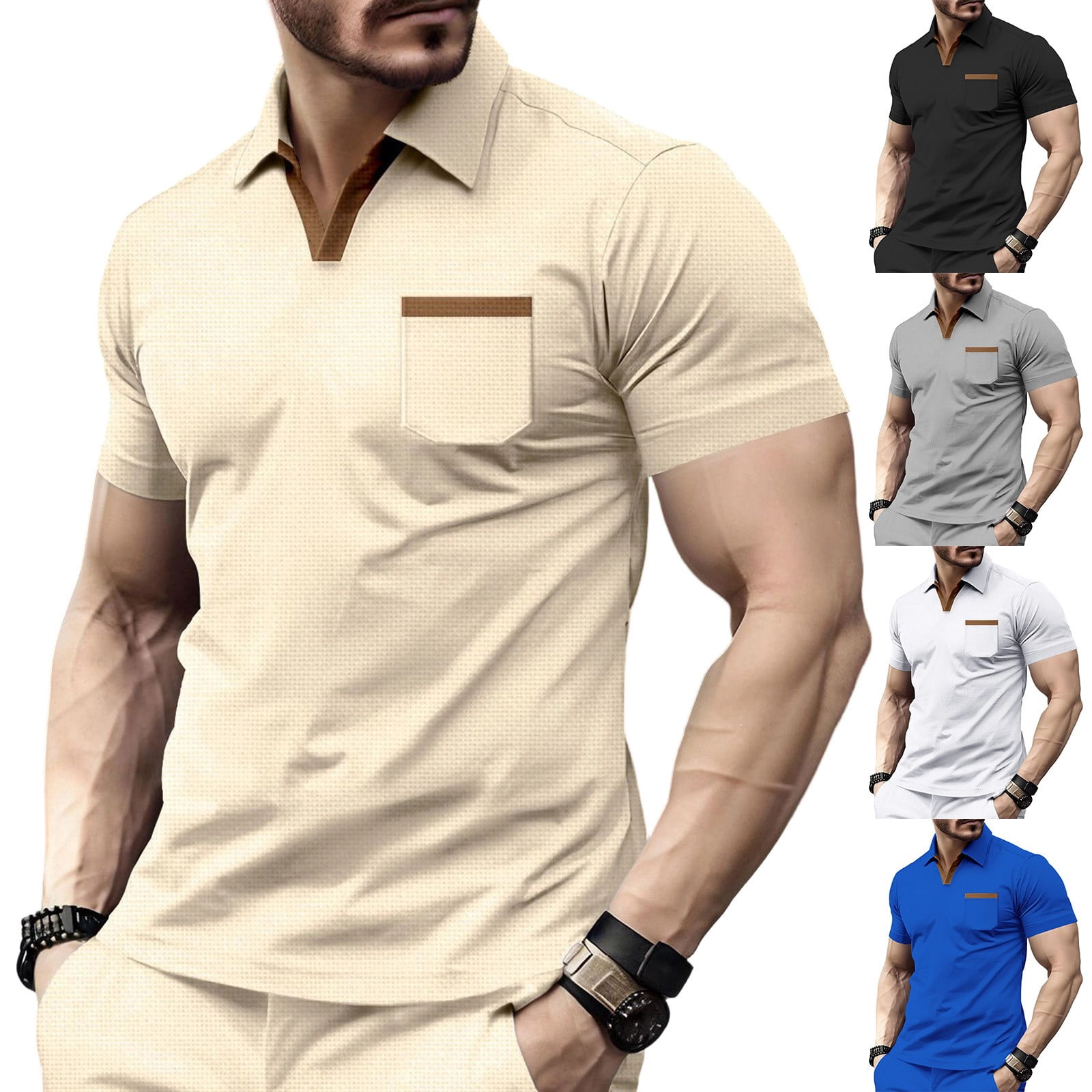 Antinious Men Solid Patchwork Button Collar Short Sleeve Trendy ...