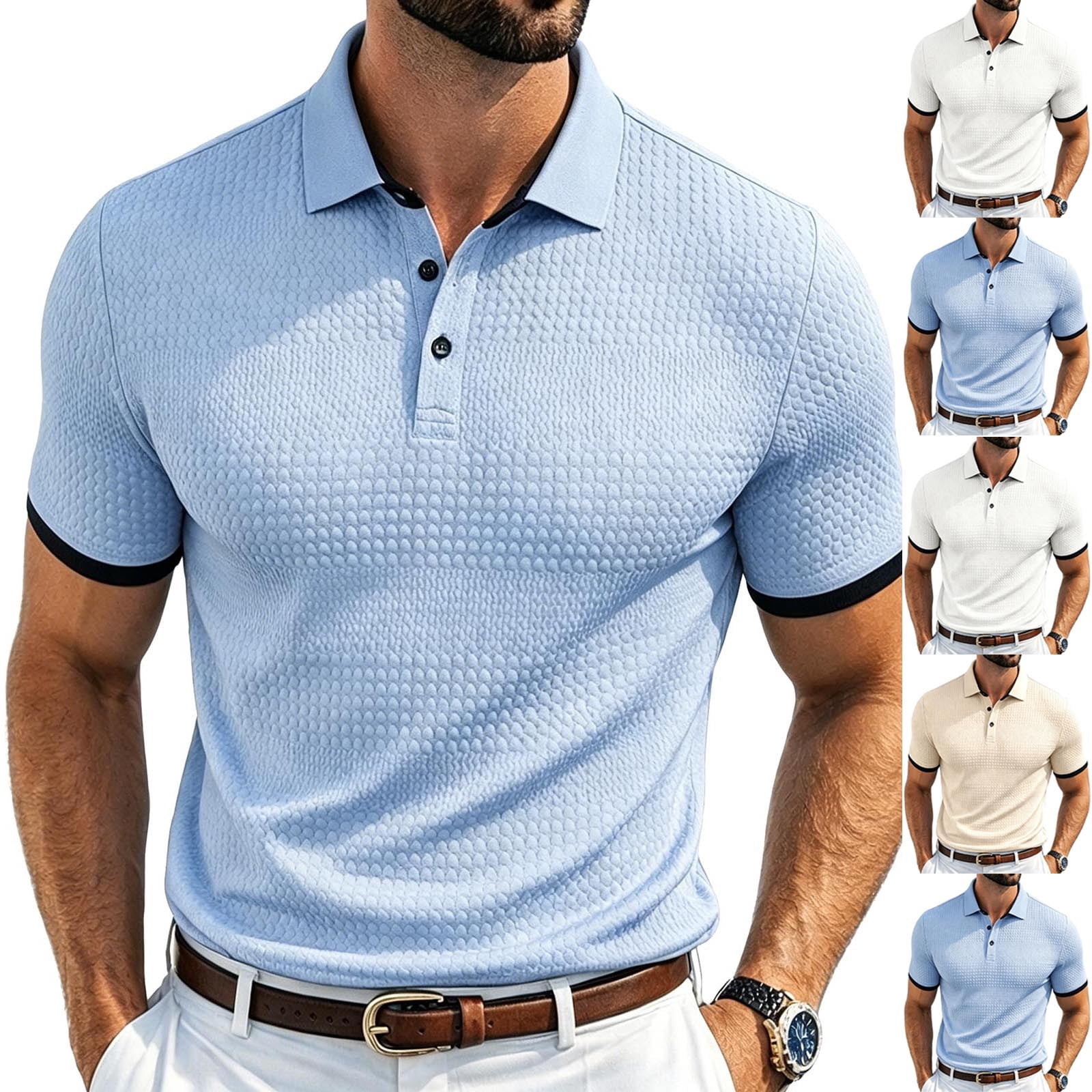 Antinious Men Solid Patchwork Texture Button Collar Short Sleeve ...