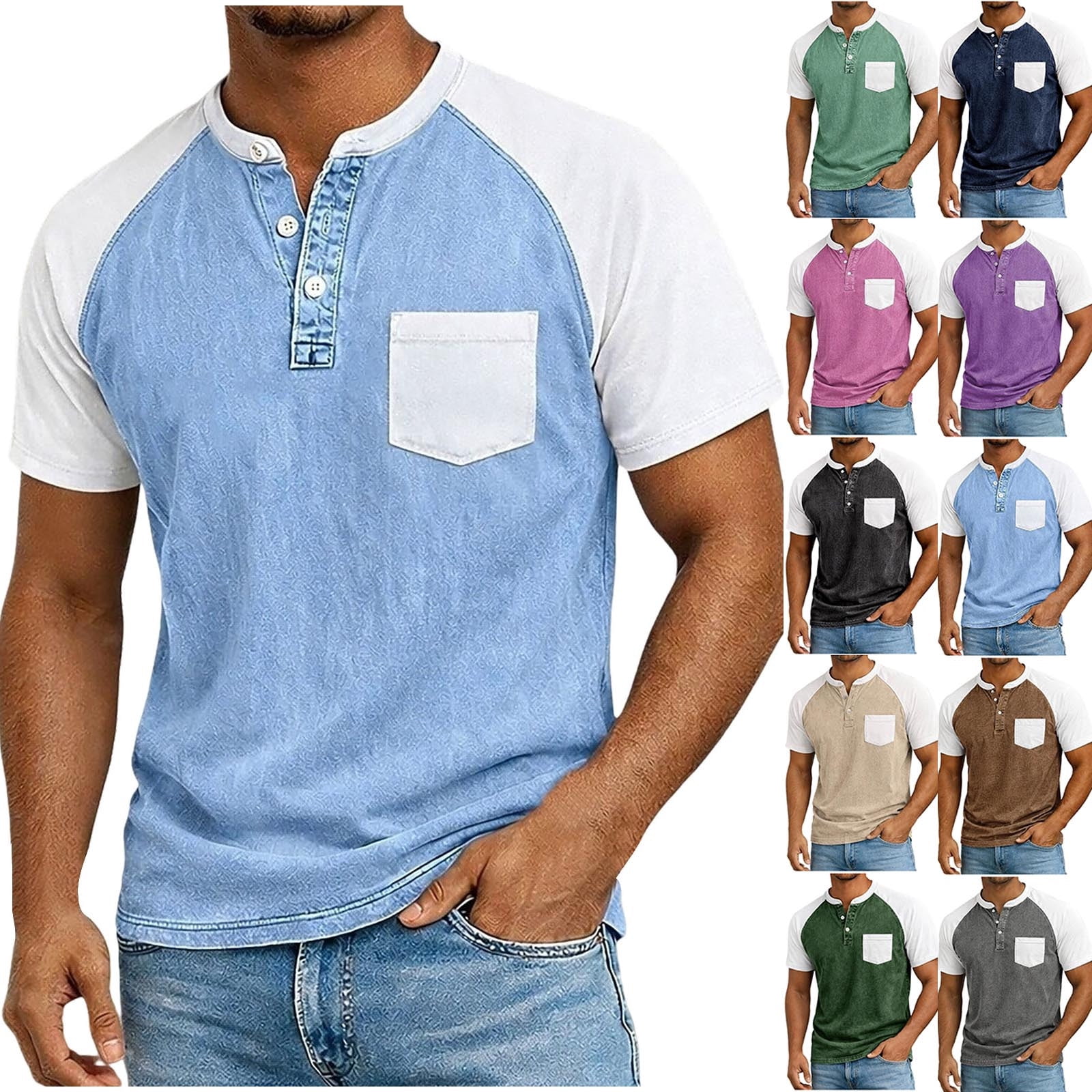 Antinious Men Solid Pockets Button Fashion Round Neck Short Sleeve ...