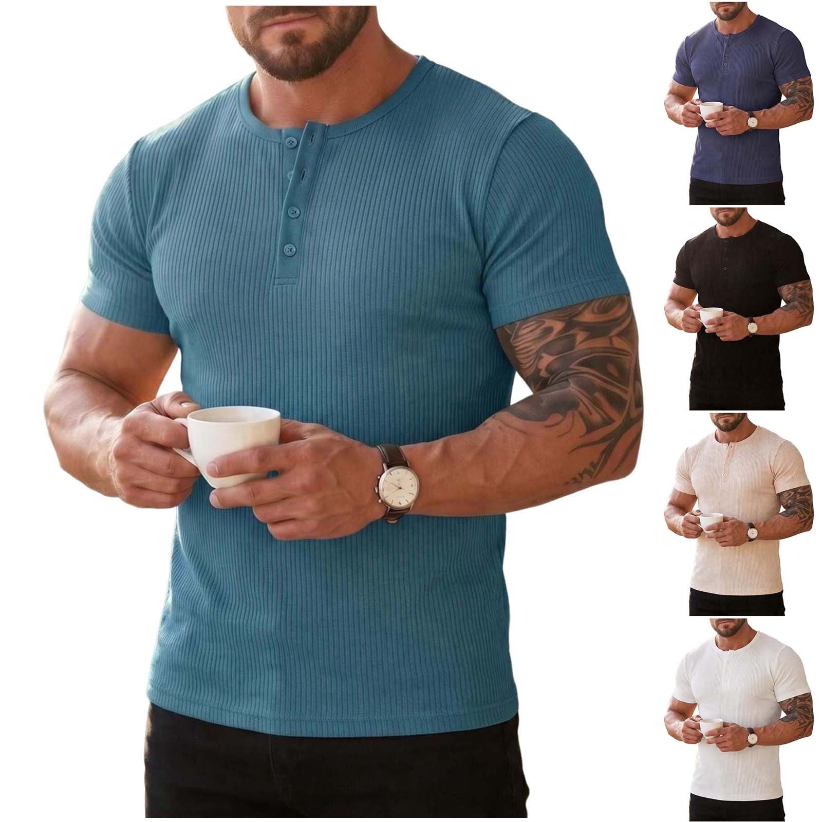 Antinious Men Solid Rib Half Button Round Neck Short Sleeve Workout ...