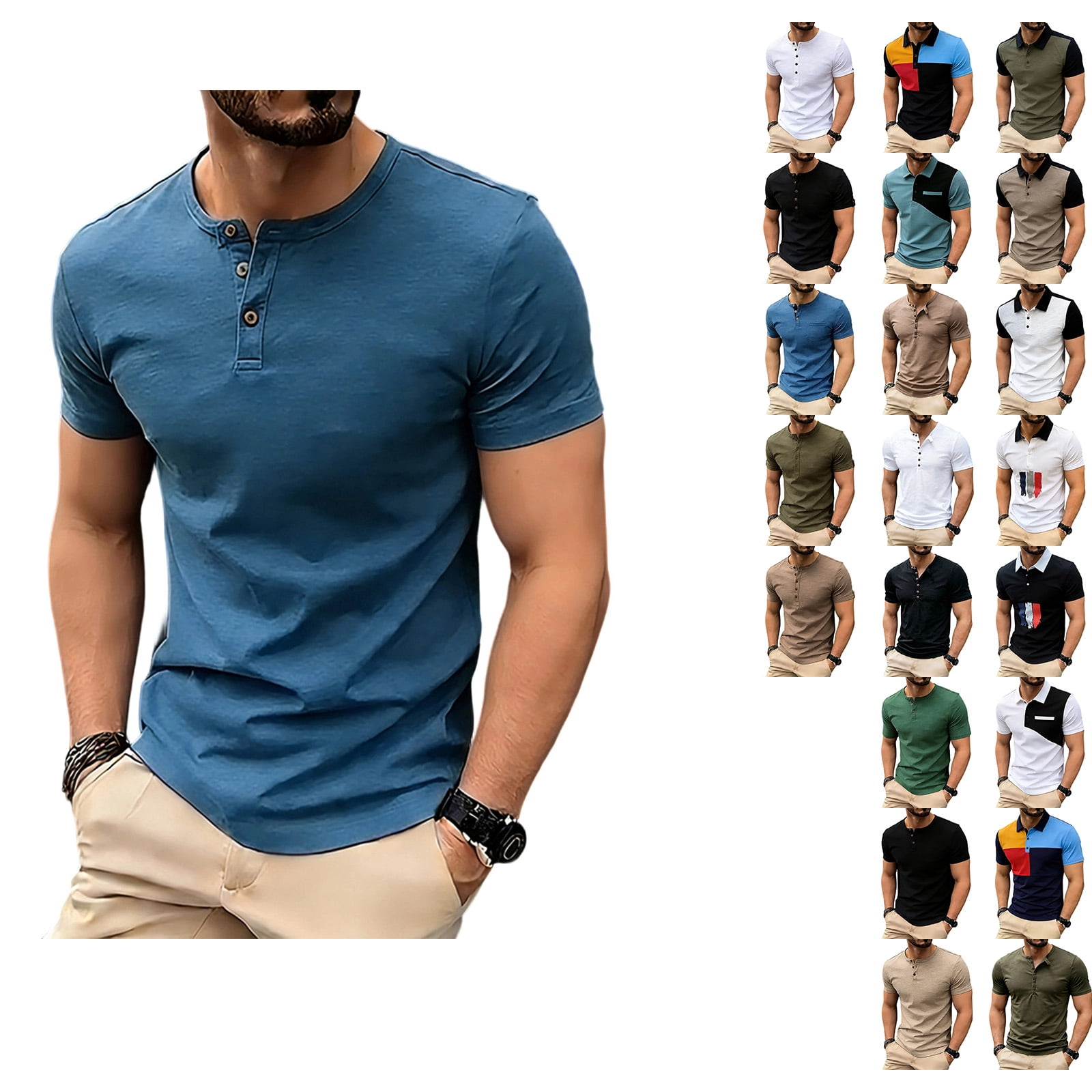 Antinious Men Solid Round Neck Half Button Pullover Short Sleeve ...