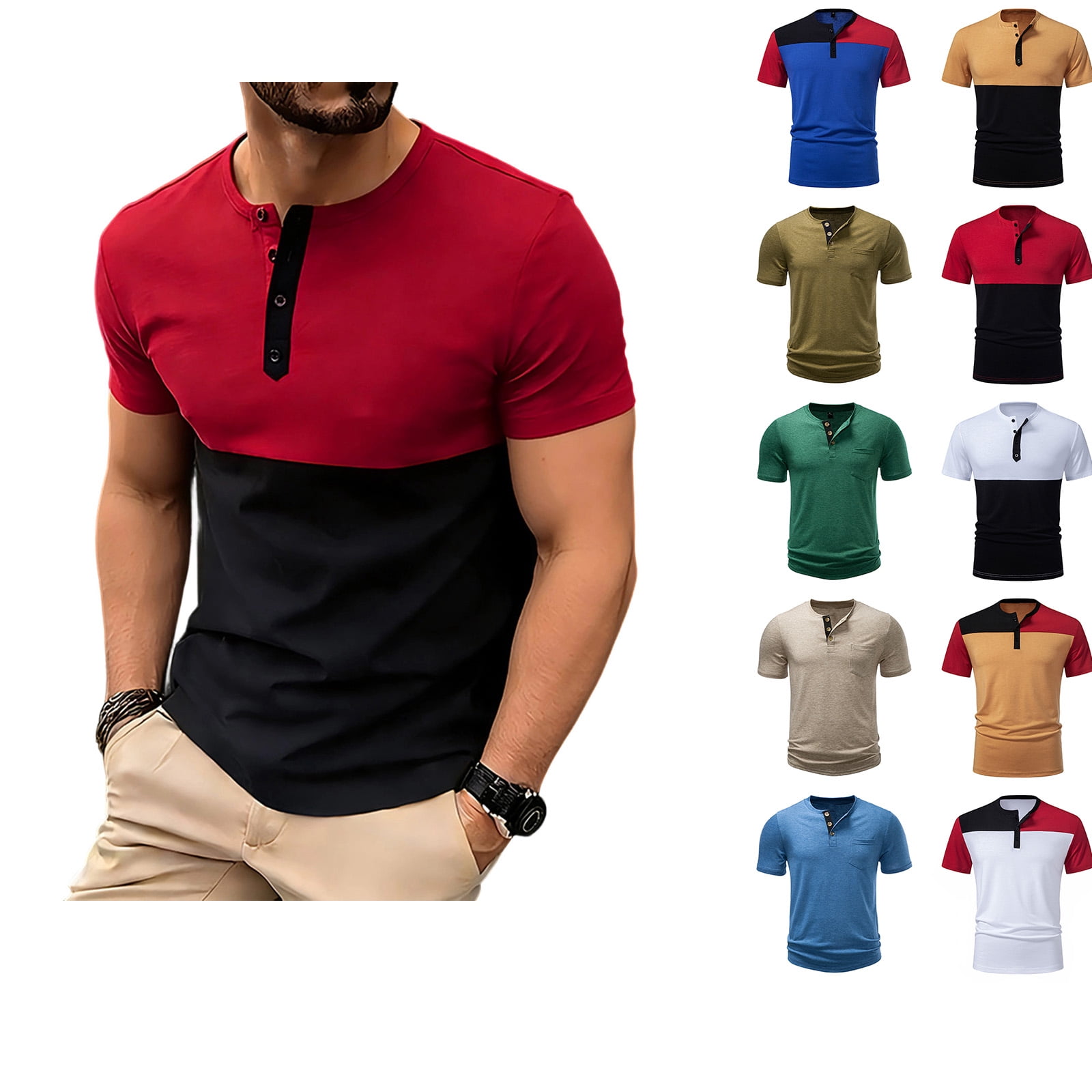 Antinious Men Solid Round Neck Pockets Button Pullover Short Sleeve ...