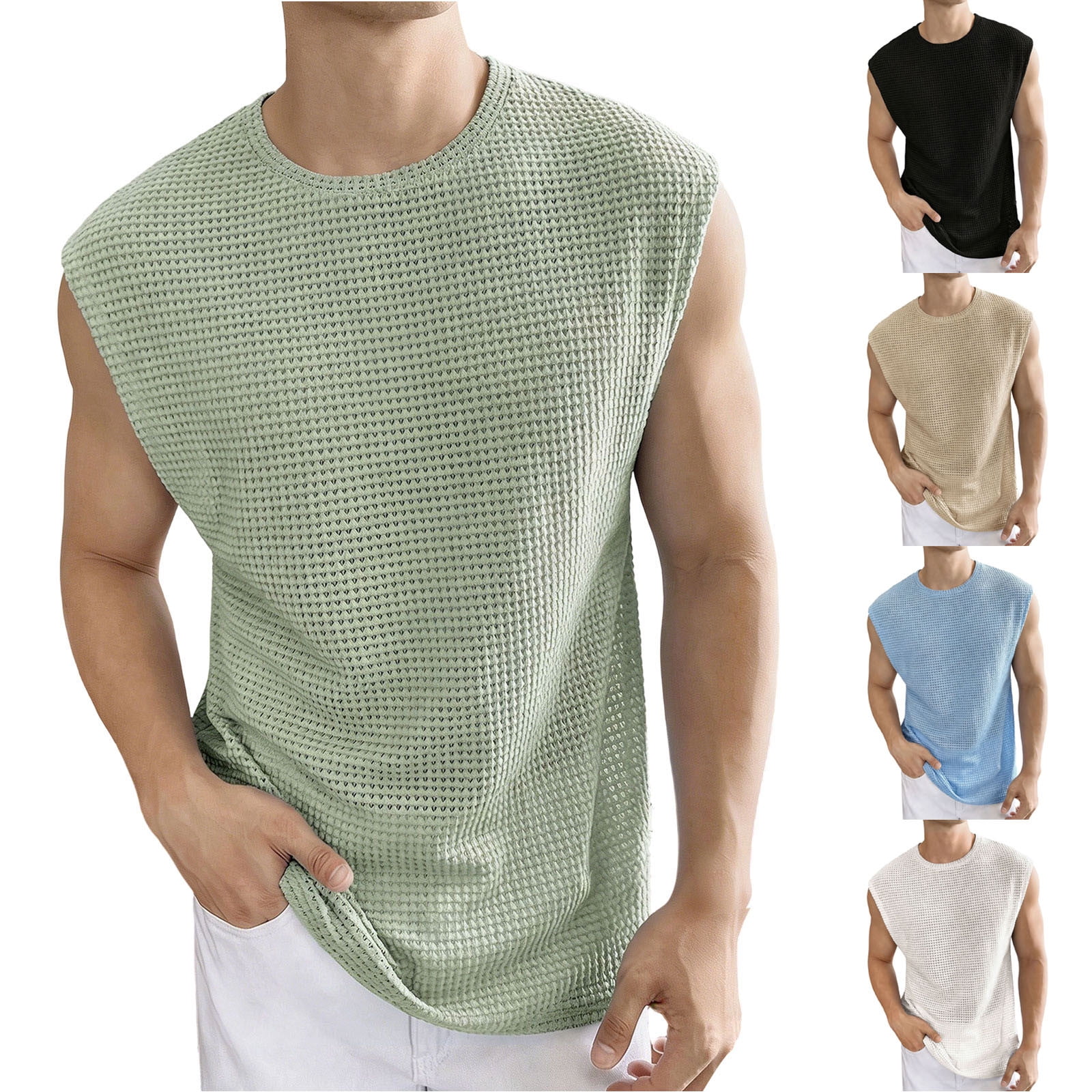 Antinious Men Solid Round Neck Sleeveless Fitness Versatile Daily Tank ...