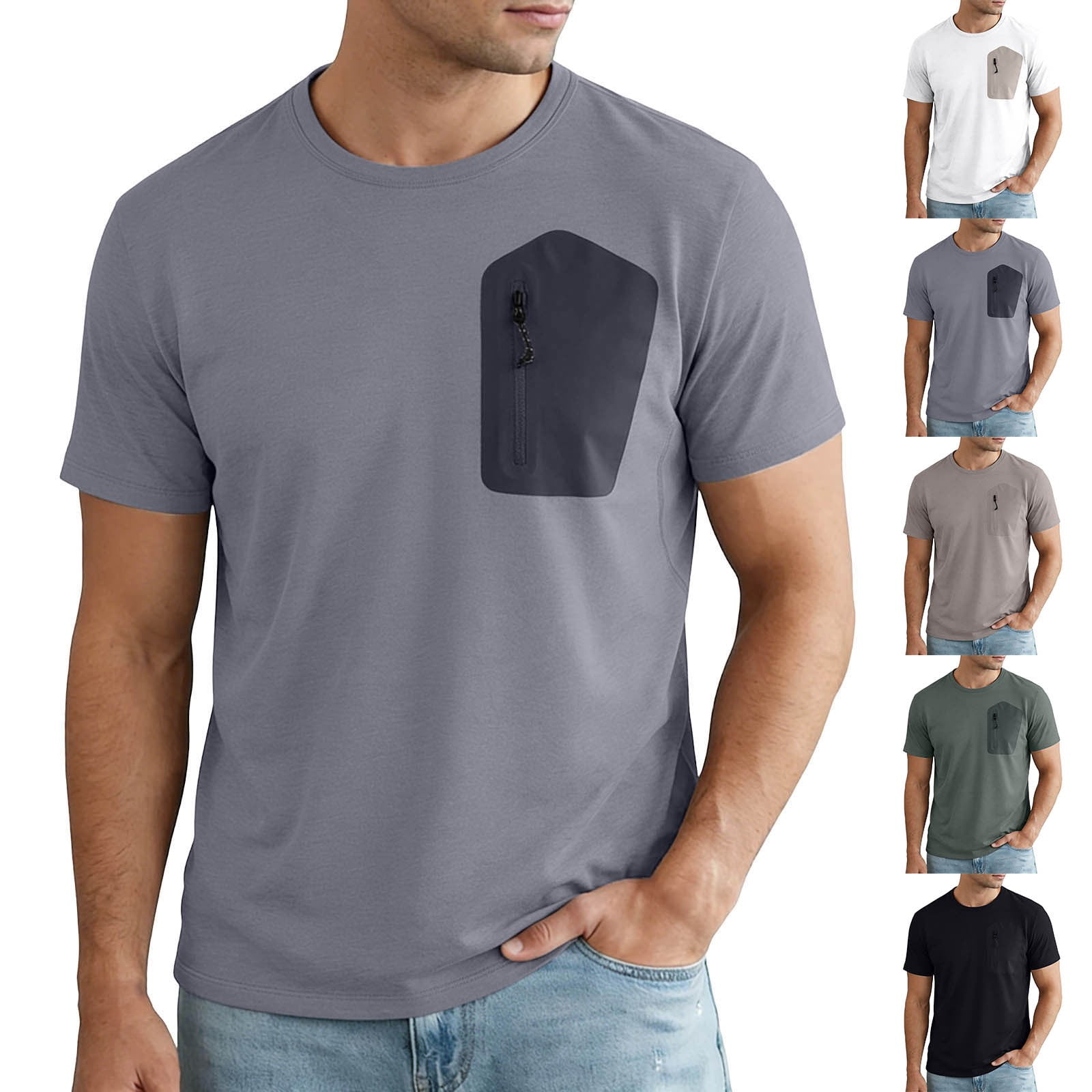 Antinious Men Solid Round Neck Zip Pocket Short Sleeve Training Fitness ...