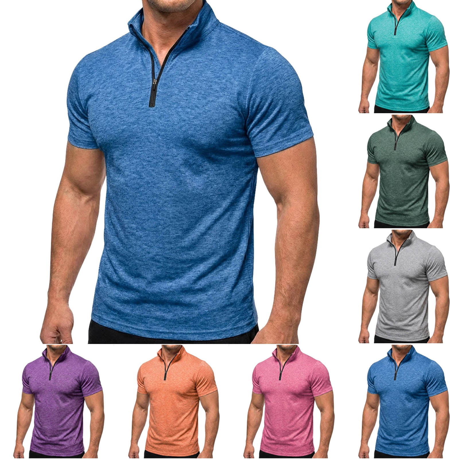 Antinious Men Solid Stand Collar Zip Short Sleeve Loose Fitness T ...