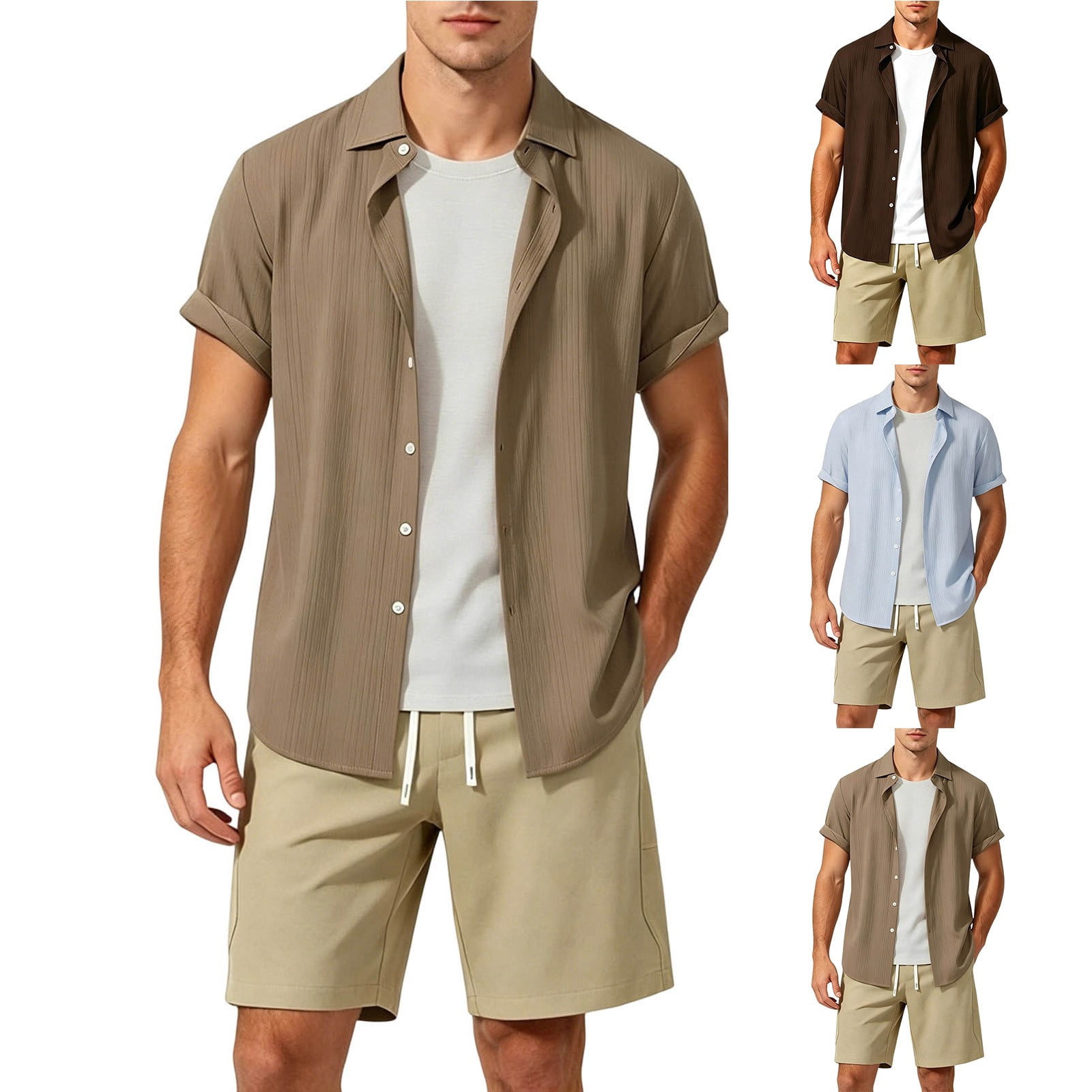 Antinious Men Solid Stripe Button Collared Short Sleeve Loose Trendy ...