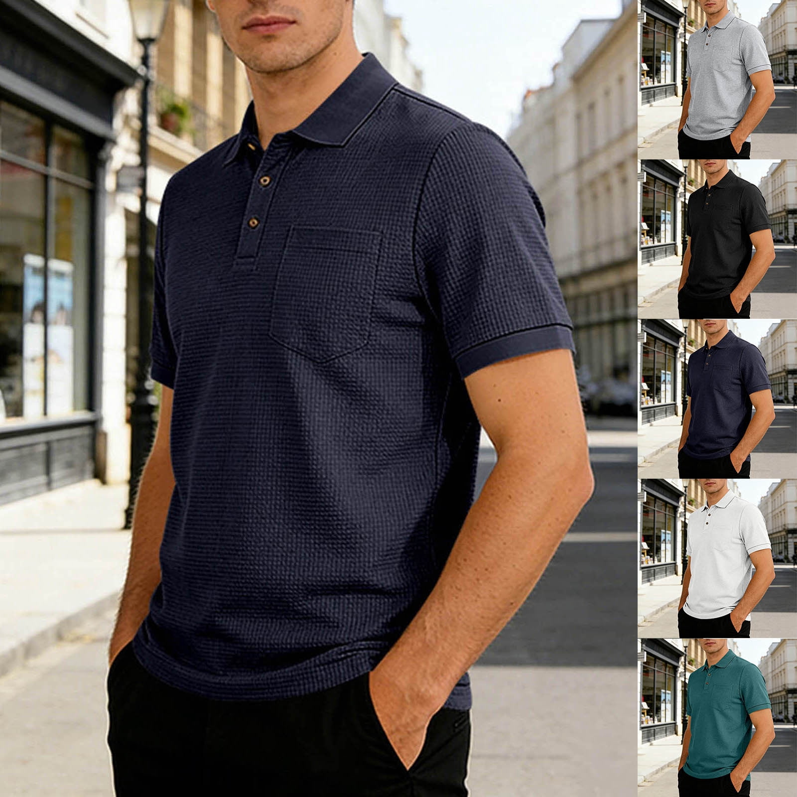 Antinious Men Solid Texture Button Collar Pullover Short Sleeve ...