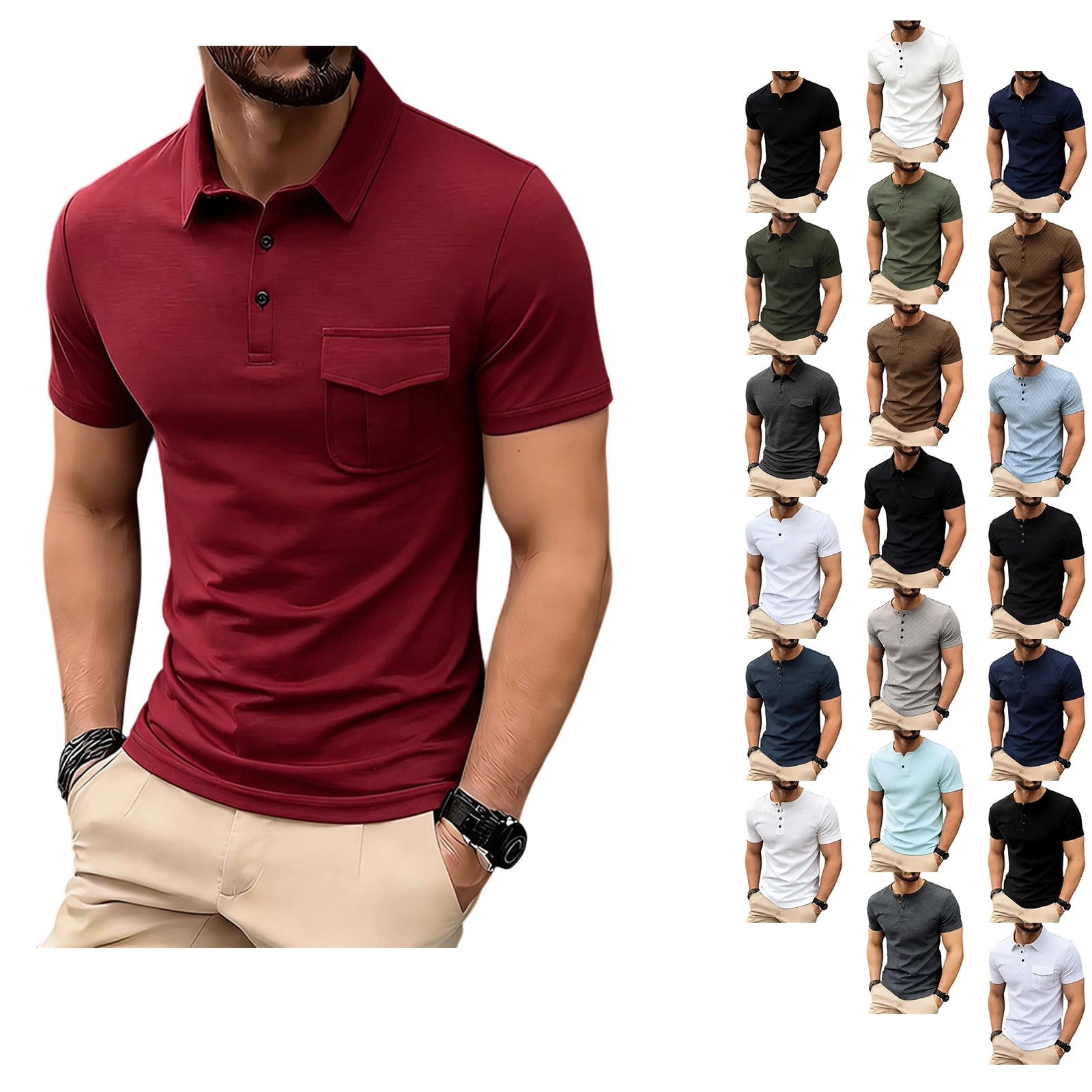 Antinious Men Solid Texture Button Round Neck Pullover Short Sleeve ...