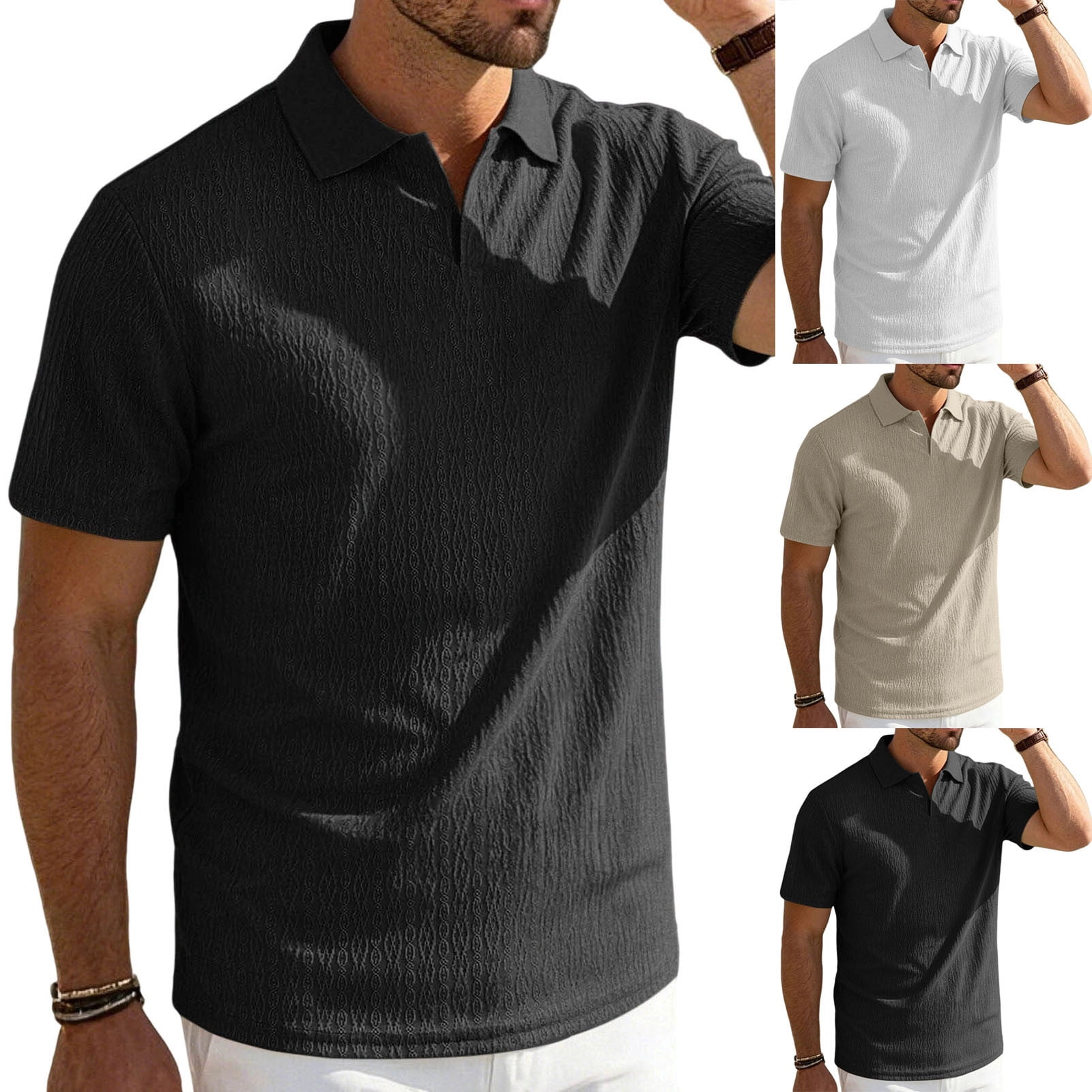 Antinious Men Solid Texture Collar Short Sleeve Breathable Fitness T ...