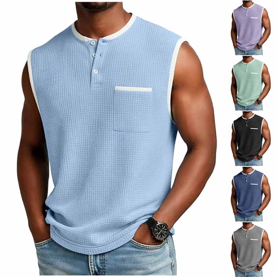 Antinious Men Solid Texture Half Button Pockets Round Neck Sleeveless ...