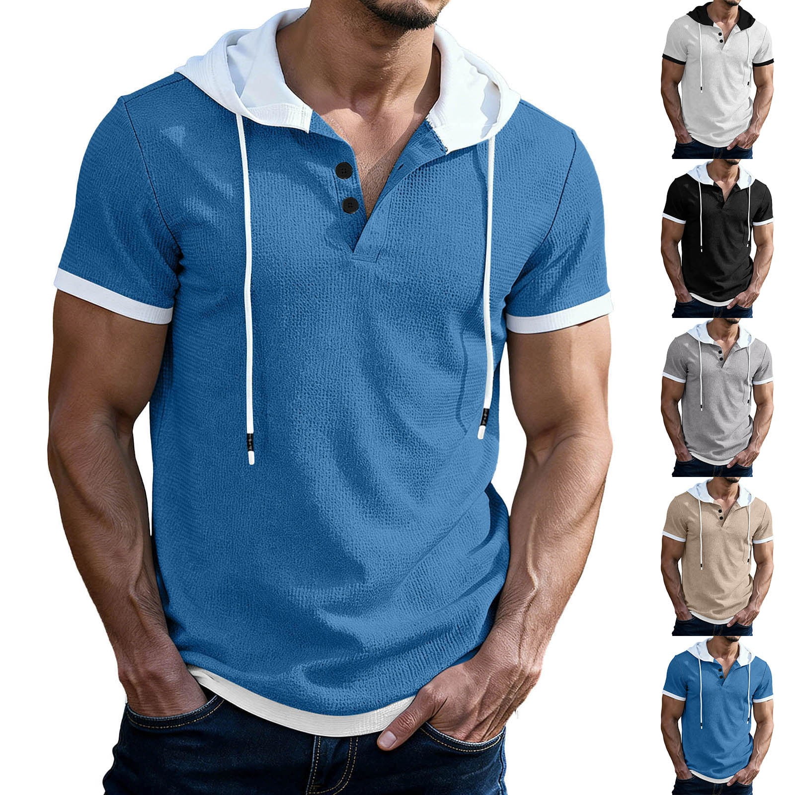 Antinious Men Solid Texture Hooded Pocket Short Sleeve Loose Fitness T ...