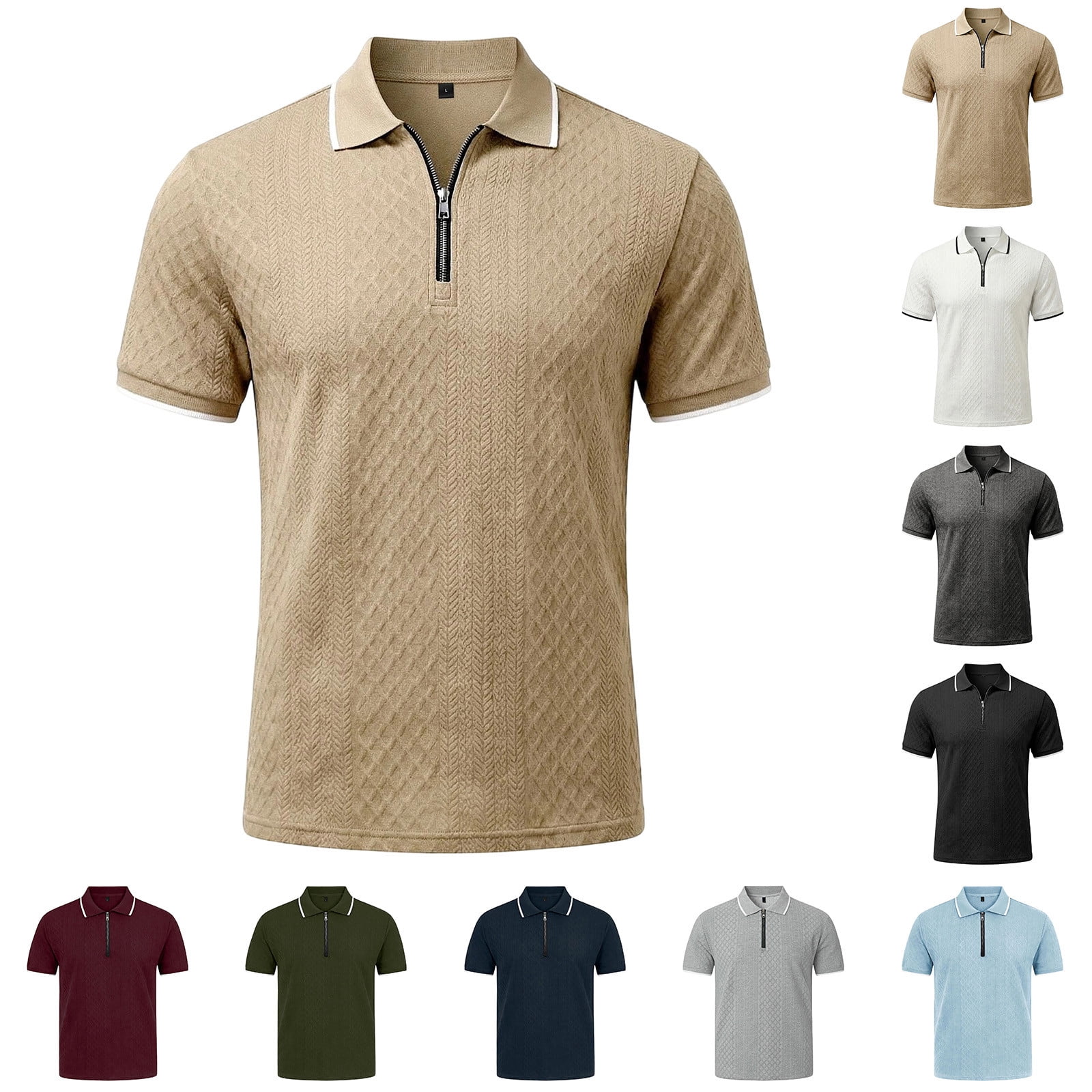 Antinious Men Solid Texture Zip Collar Short Sleeve Business Versatile ...