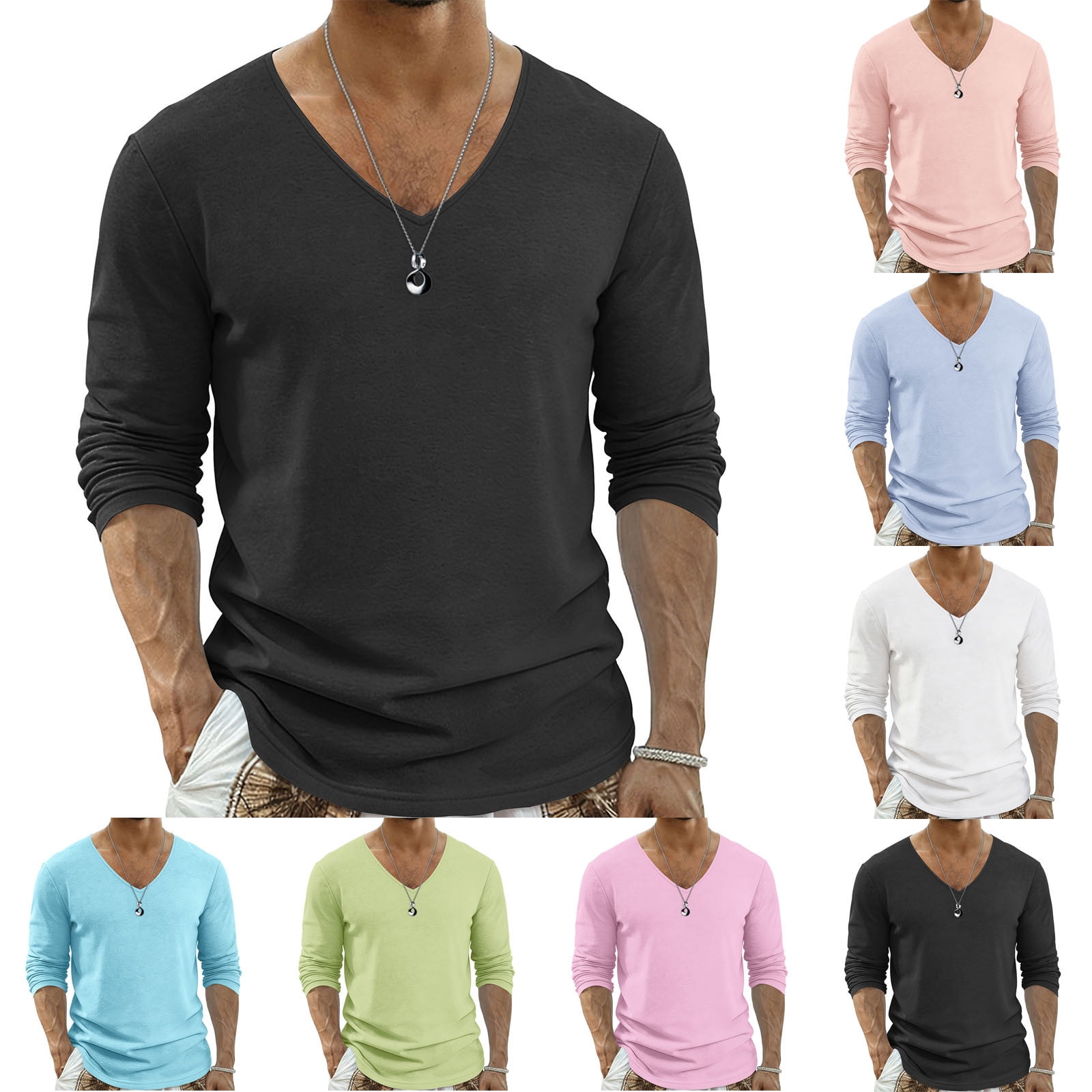 Antinious Men Solid V-Neck Pullover Long Sleeve Breathable Fitness T ...