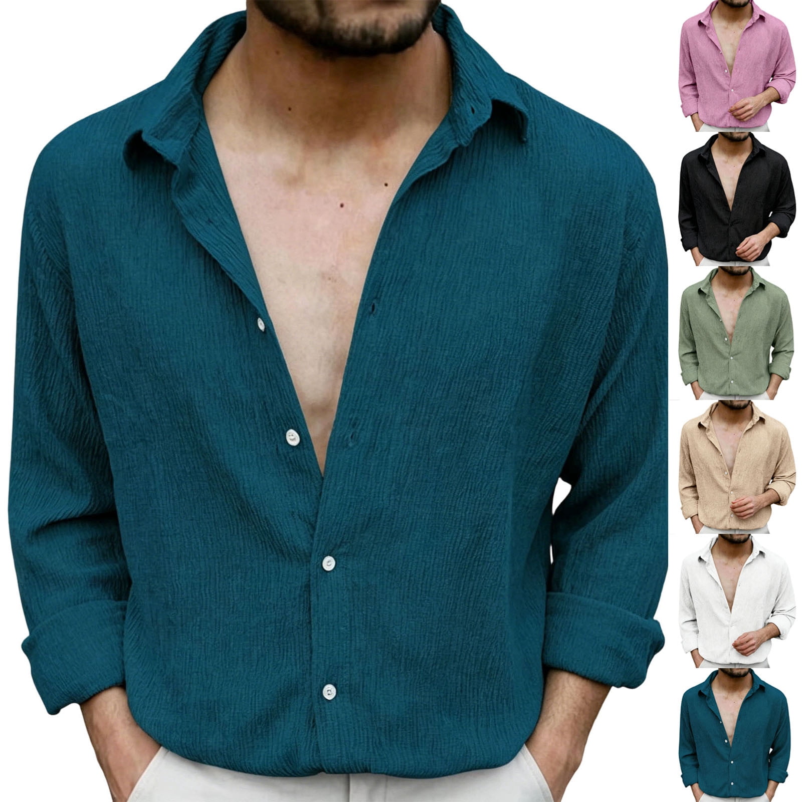 Antinious Men Solid Wrinkle Button Collar Long Sleeve Breathable Loose ...