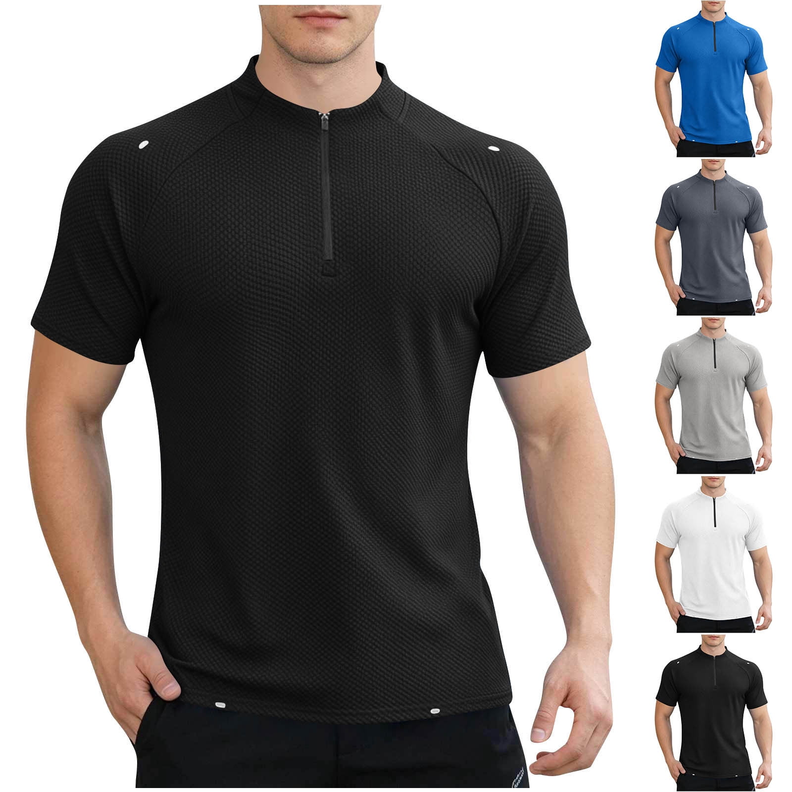 Antinious Men Solid Zip Collared Short Sleeve Workout Running Outdoor ...