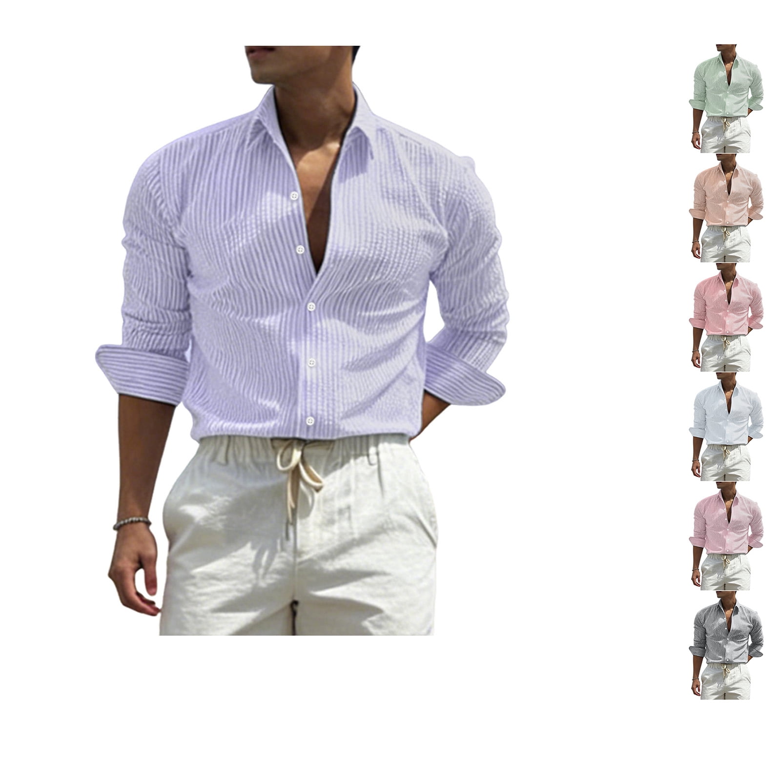 Antinious Men Stripe Wrinkle Collar Long Sleeve Sun Protection Loose ...