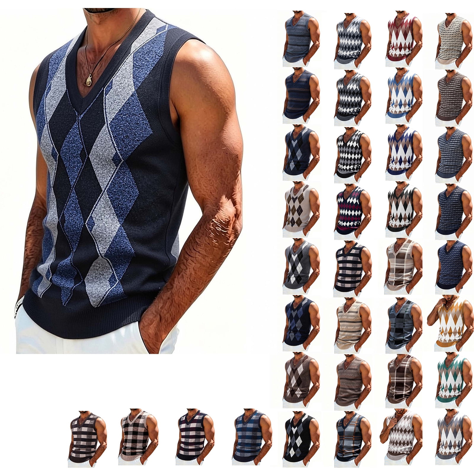 Antinious Men Texture Knit Sweater V-Neck Sleeveless Trendy Outdoor ...