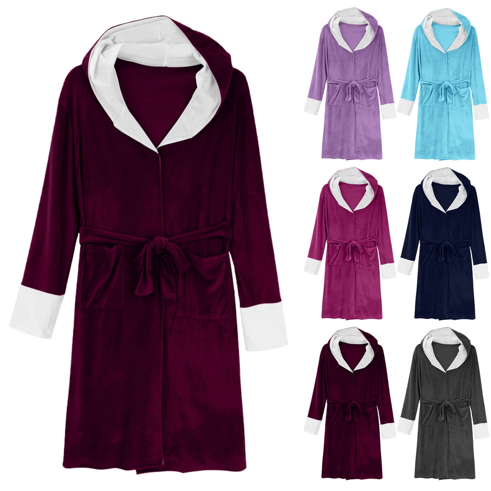 Antinious Robes for Women Long Sleeve Solid Hooded Belted Bathrobe with ...