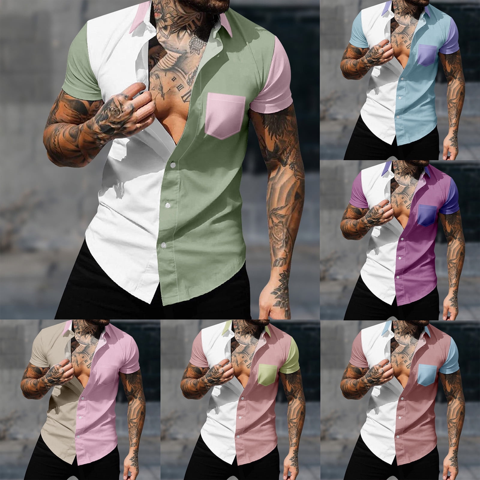 Antinious Mens Short Sleeve Collar Print Pockets Oversized Beach ...