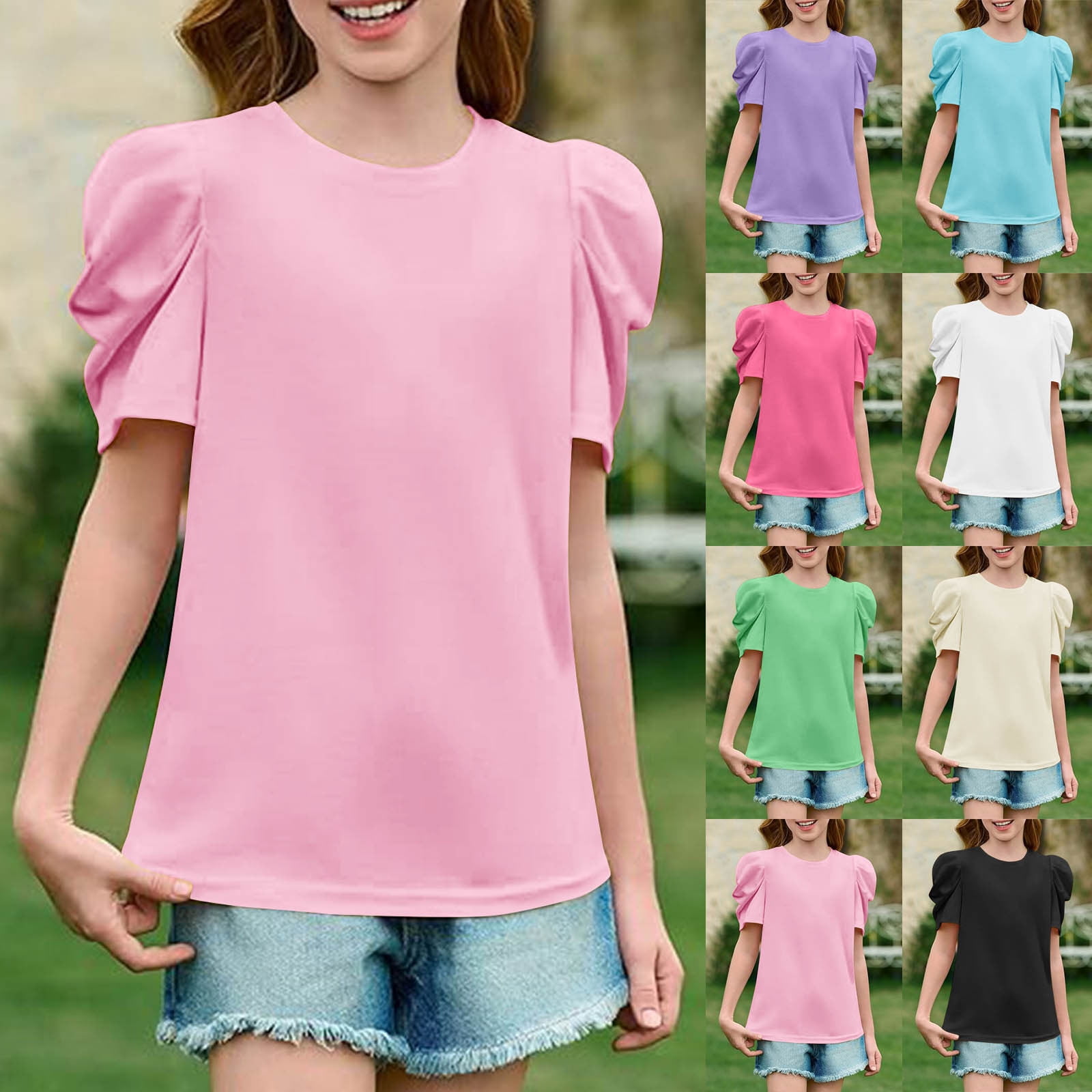 Antinious Summer Versatile Puff Short Sleeve Tops Kids T Shirts Round ...