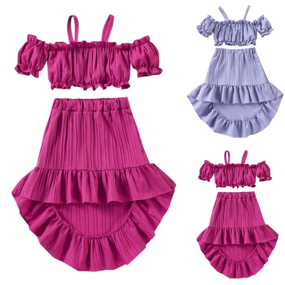 Antinious Toddler Girls Short Sleeve Round Neck Shirts Set Solid Ruffle ...