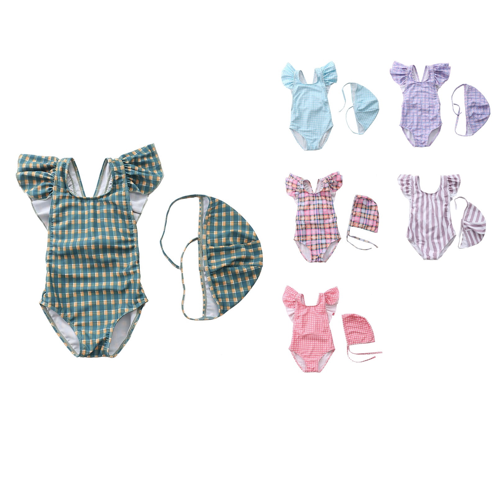 Antinious Toddler Girls Swimsuit Check Short Sleeve Onesie with Swim ...
