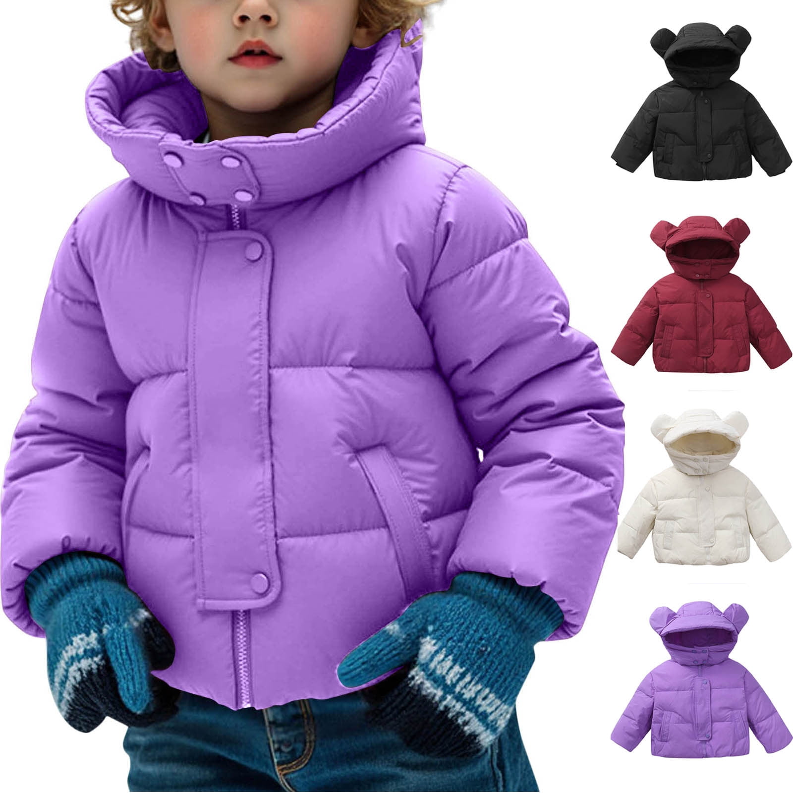 Antinious Toddler Girls Winter Savings Hooded Puffer Jacket Zipper Solid Color Thickened Warm ...