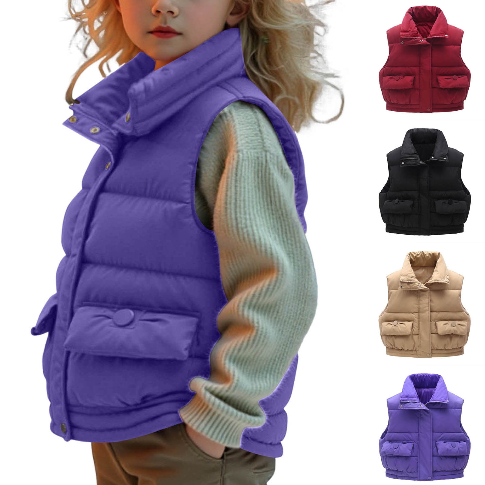 Antinious Toddler Girls Winter Savings Puffer Solid Color Warm Fleece Stand Collar Sleeveless ...