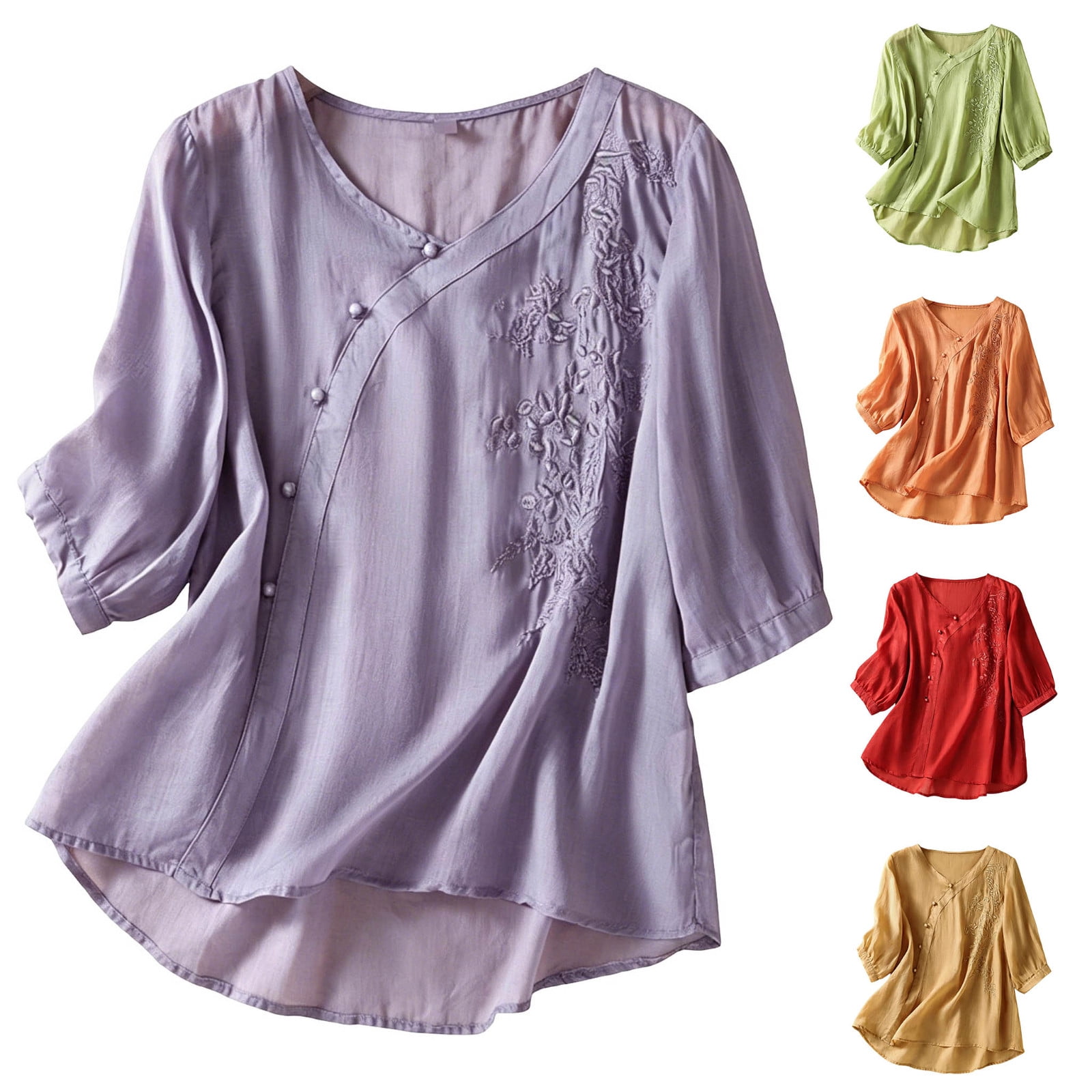 Antinious Women Casual 3/4 Sleeve Loose Embroidery V-Neck Button ...