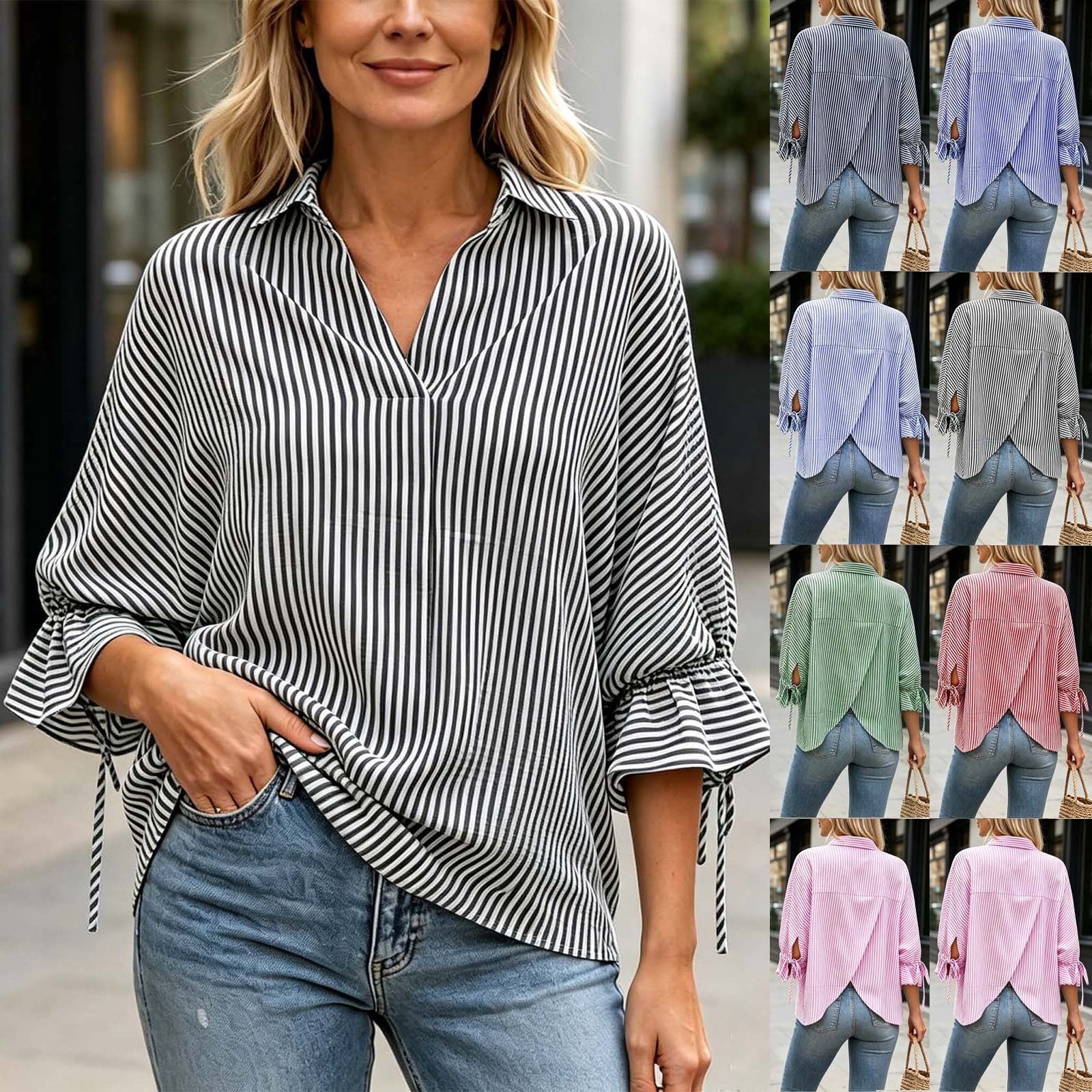 Antinious Women Casual Fashion Stripe Collar Back Split Ruffle 3/4 ...
