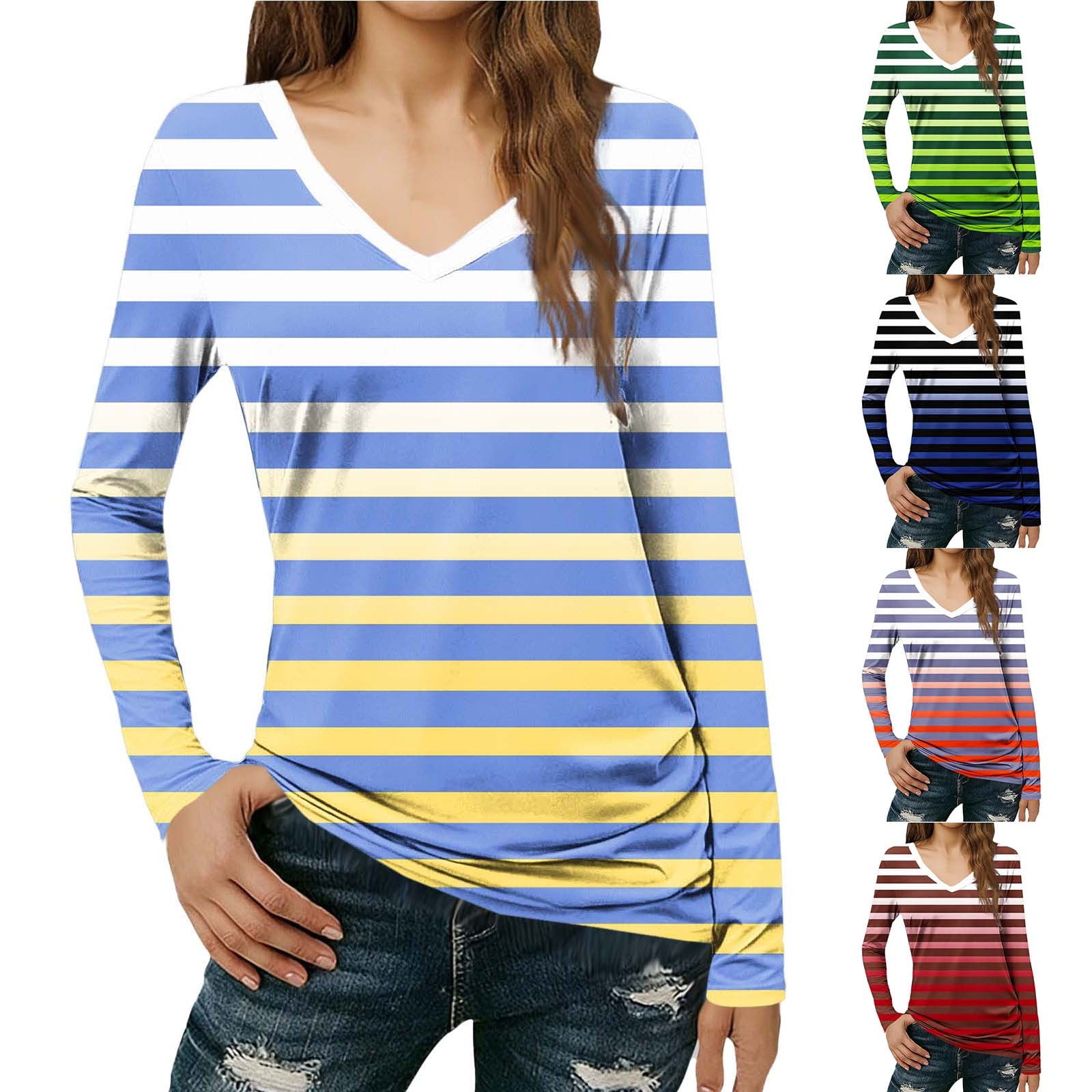 Antinious Women Casual Fashion V-Neck Long Sleeve Slim Stripe Pullover ...