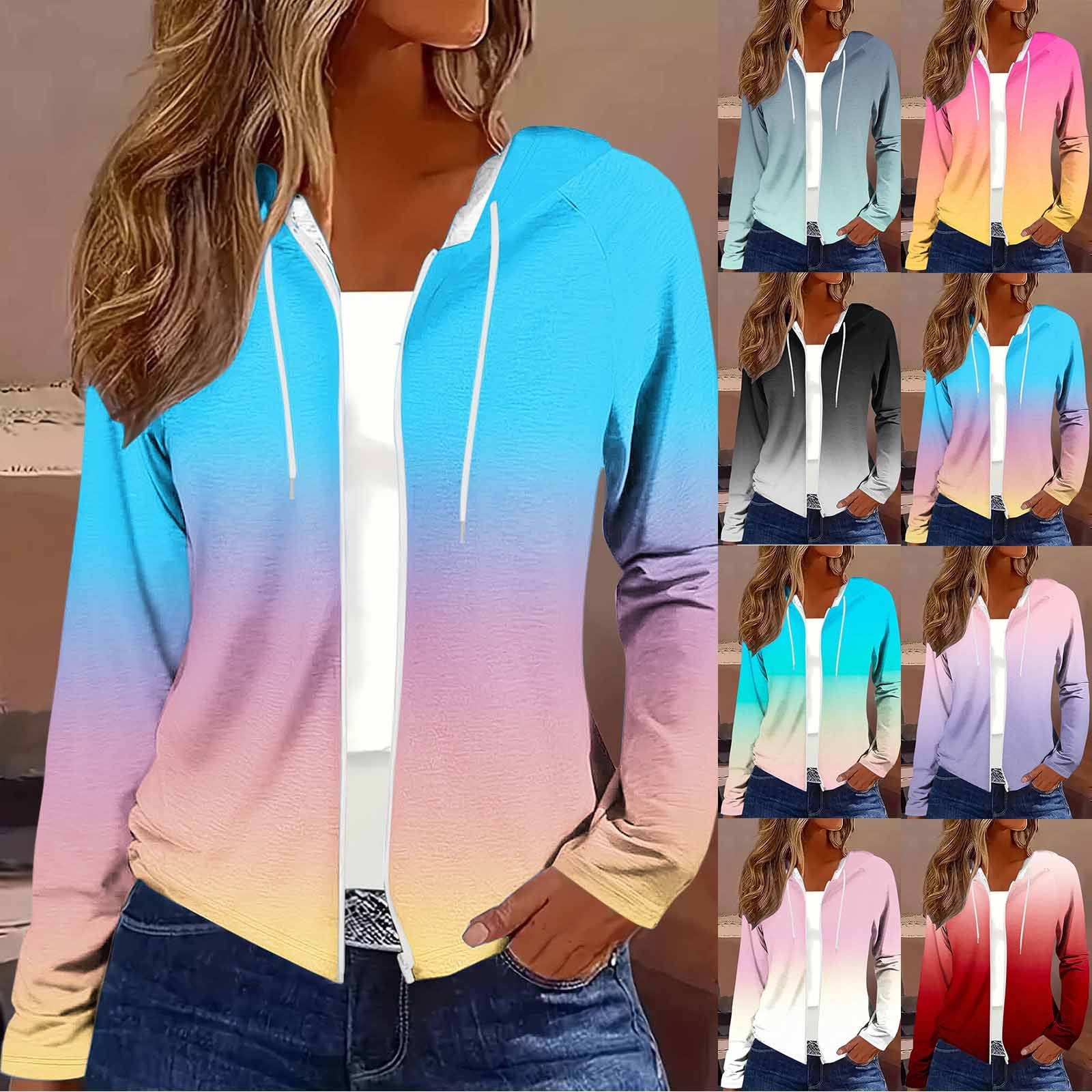 Antinious Women Casual Loose Irregular Print Long Sleeve Zip Hooded ...
