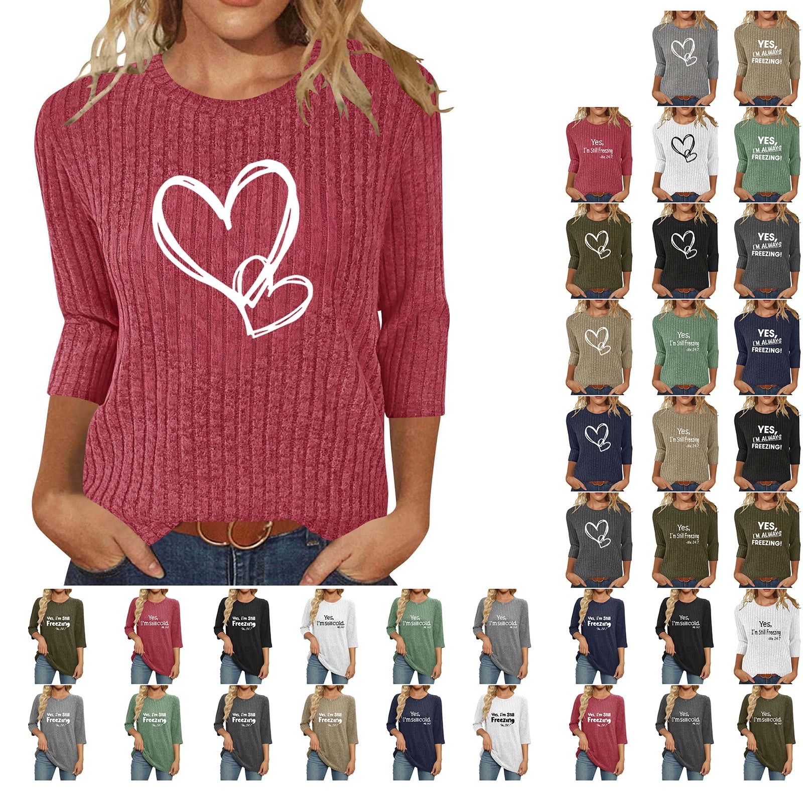 Antinious Women Casual Print Brushed Ribbed Round Neck 3/4 Sleeve ...