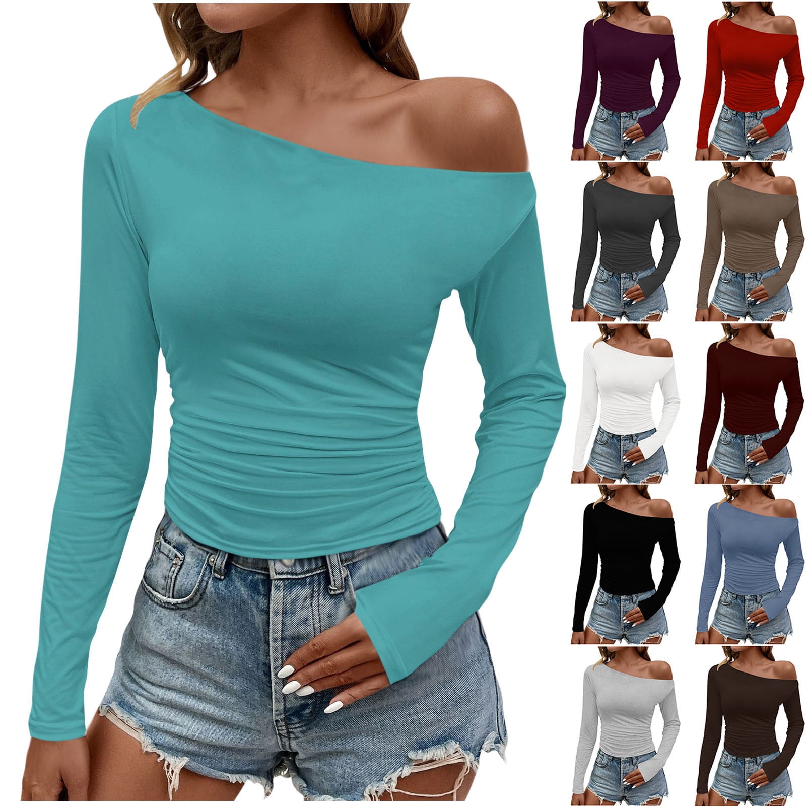 Antinious Women Casual Solid One Shoulder Long Sleeve Pullover Everyday ...