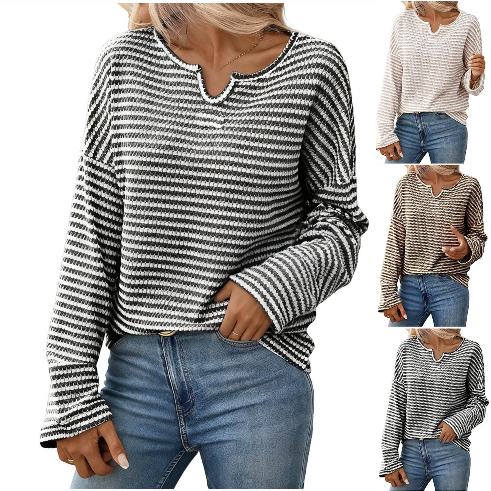 Antinious Women Casual Stripe Textured V-Neck Knit Long Sleeve Daily ...
