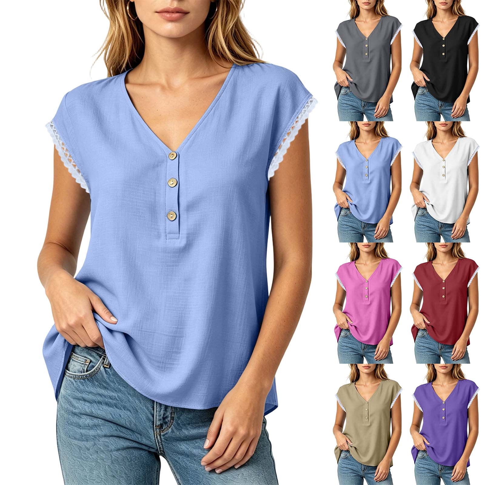 Antinious Women Casual Summer V-Neck Button Ruffle Short Sleeve Tops ...