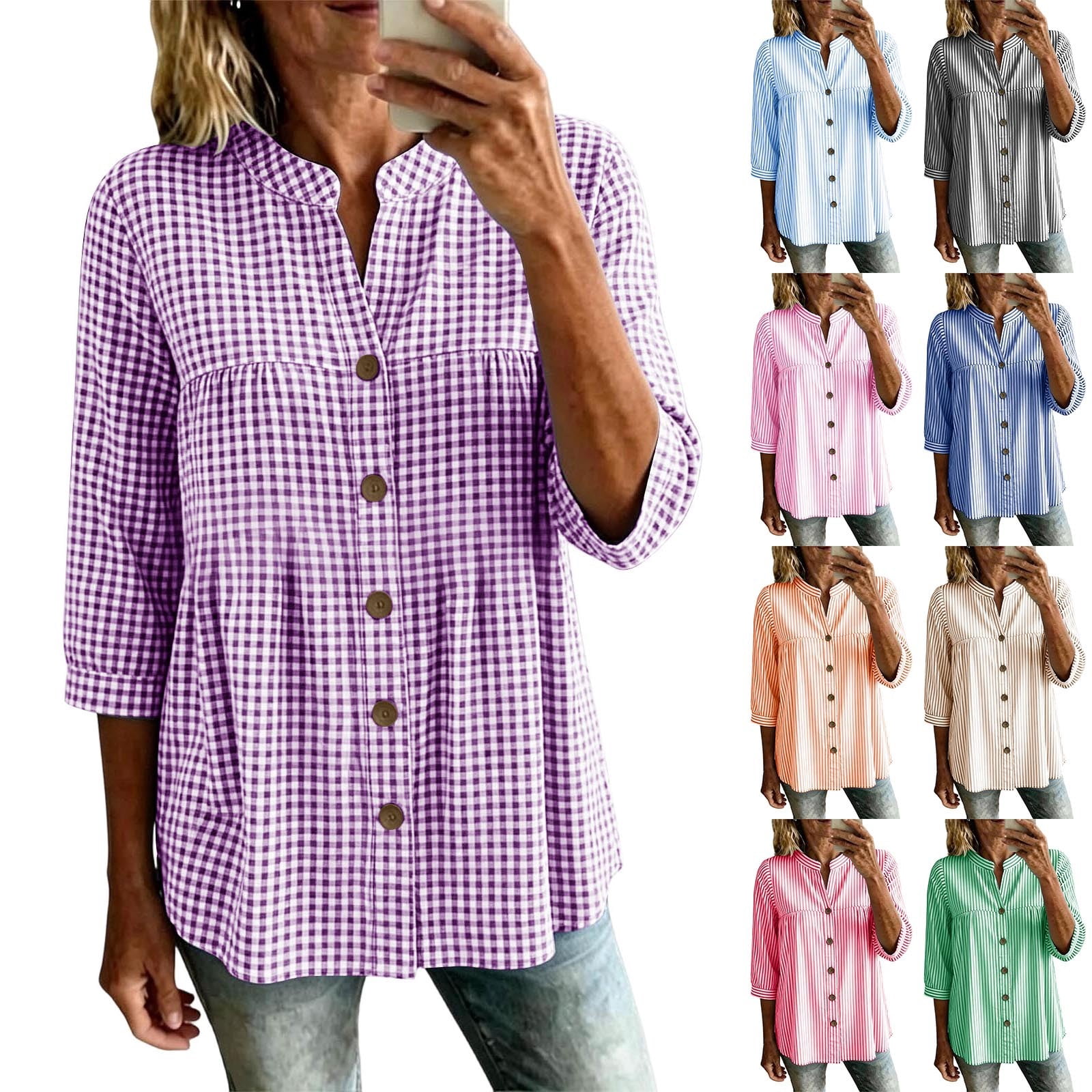 Antinious Women Check V-Neck 3/4 Sleeve Fashion Casual Breathable Basic ...