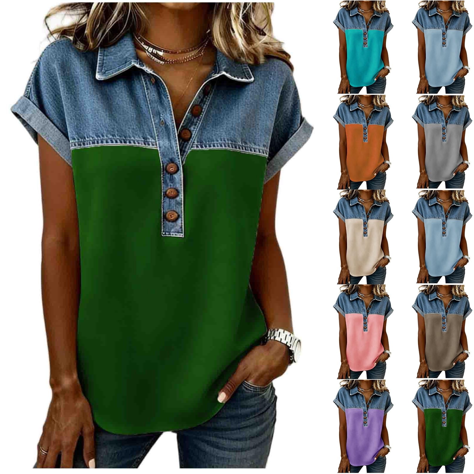 Antinious Women Collared Short Sleeve Denim Look Patchwork Printed ...