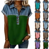 Antinious Women Collared Short Sleeve Denim Look Patchwork Printed ...