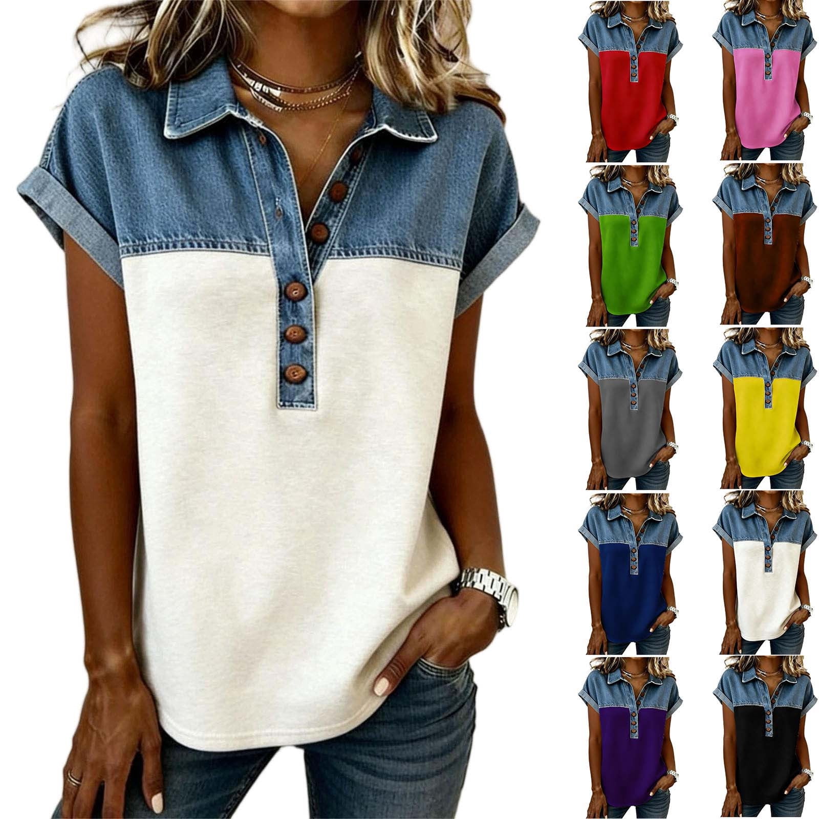 Antinious Women Collared Short Sleeve Denim Look Patchwork Printed ...