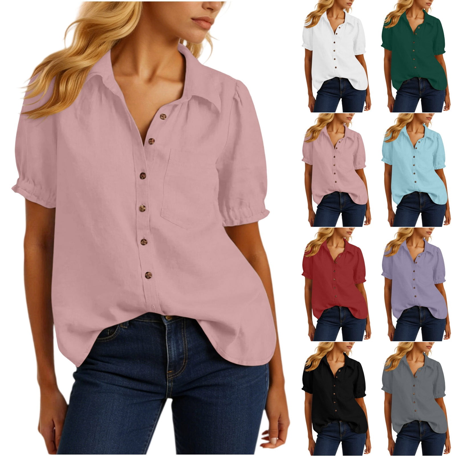 Antinious Women Collared Short Sleeve Linen Look Casual Blouses ...