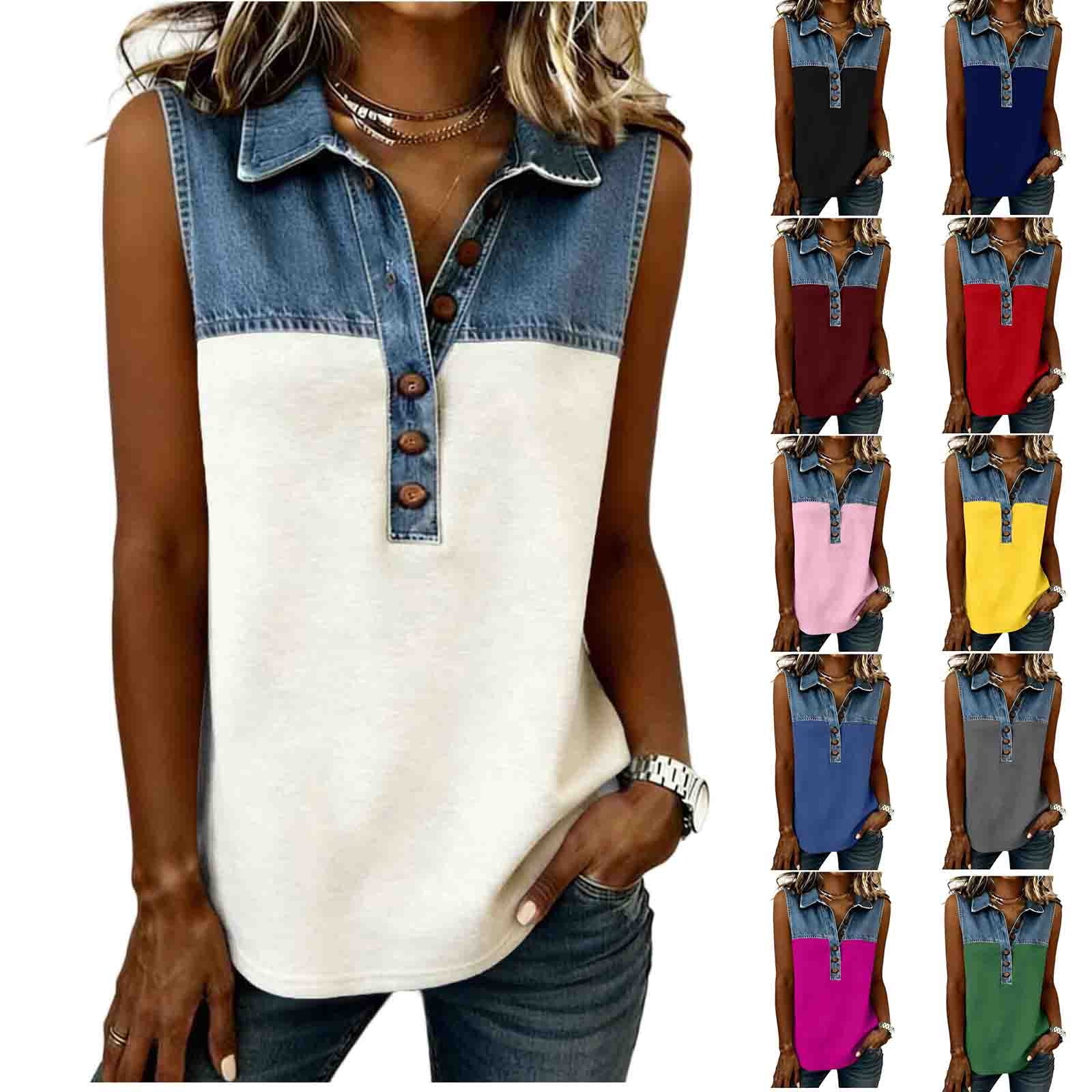 Antinious Women Collared Sleeveless Denim Look Patchwork Printed Casual ...