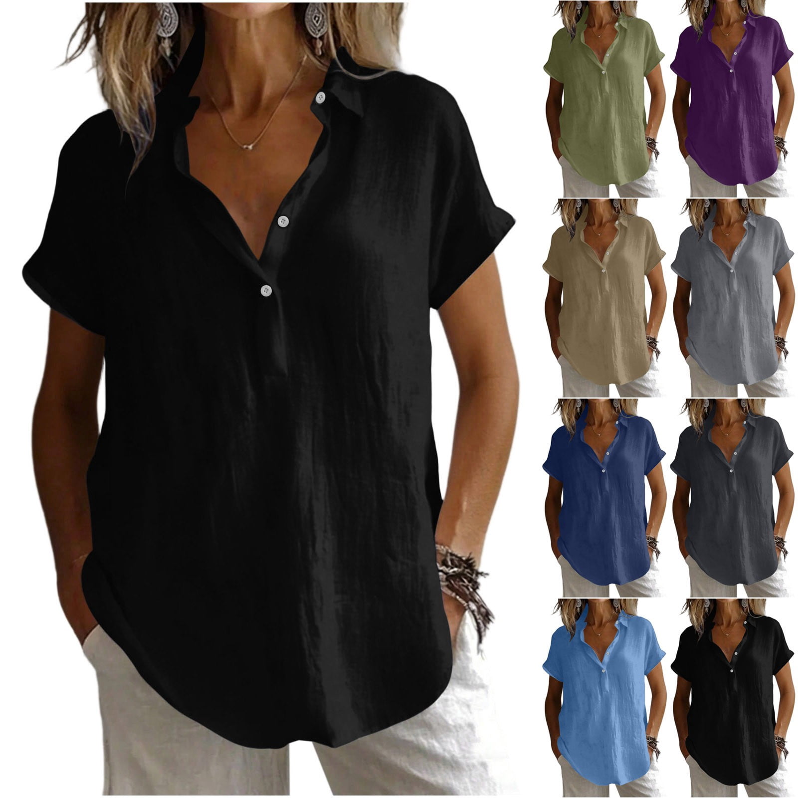 Antinious Women Collared V-Neck Short Sleeve Linen Look Solid Button ...